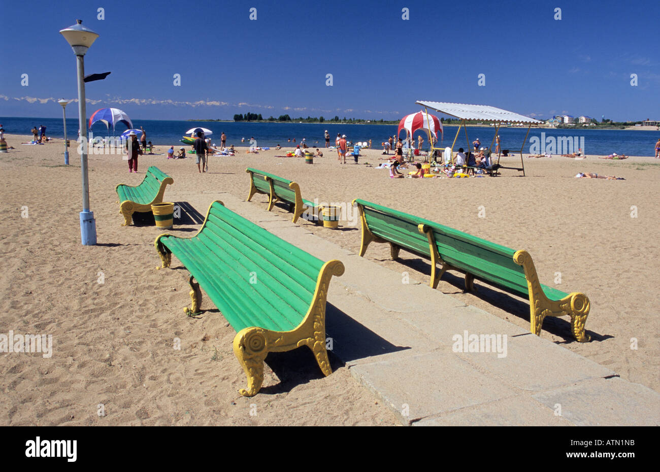 beach at Cholpon Ata famous sovjet holiday resort Issyk Kul lake ...