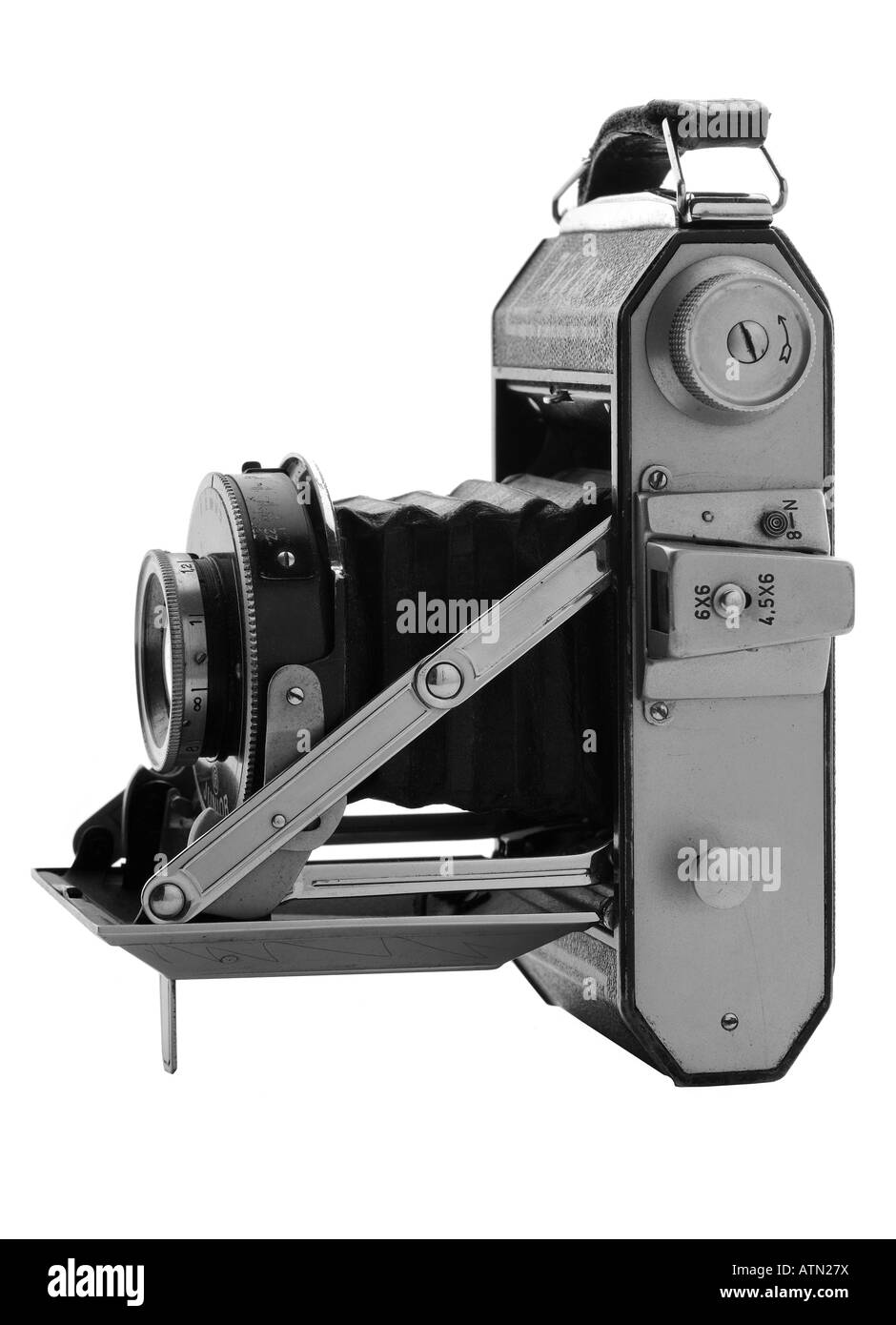 Open old retro bellows camera 6x9 isolated white background Stock Photo ...