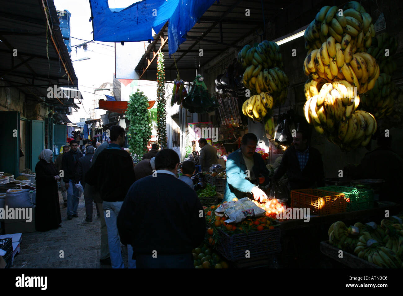 A busy market street scene in the Old city of Nablus Palestine West ...