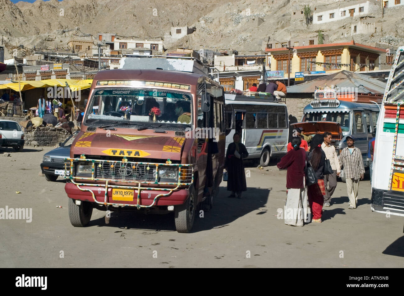 mini bus at the bazaar of Leh Ladakh Jammu and Kashmir India Stock ...