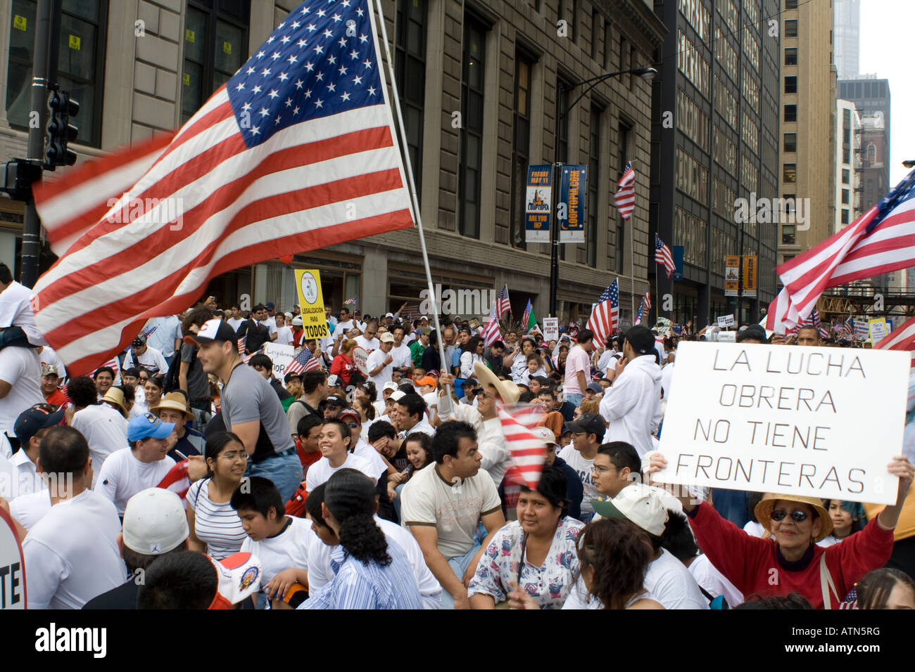 Hispanic workers marching in a protest in downtown Chicago Illinois ...