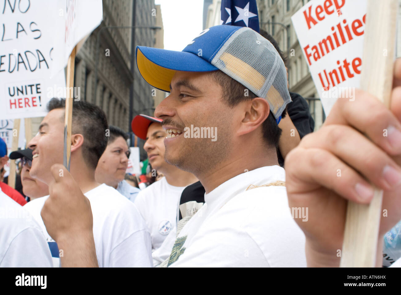 Hispanic workers marching in a protest Chicago Illinois Stock Photo - Alamy