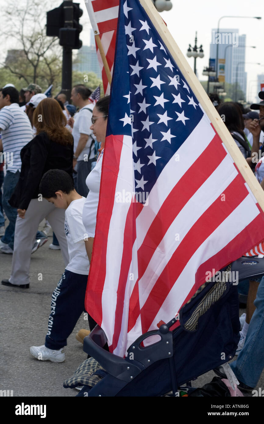 Chicago Illinois immigration rally people carrying american flags Stock ...