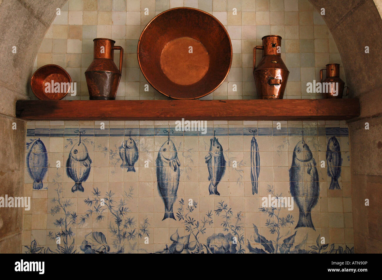 Figurative hand-painted azulejos ceramic tiles decorates a wall of the ...