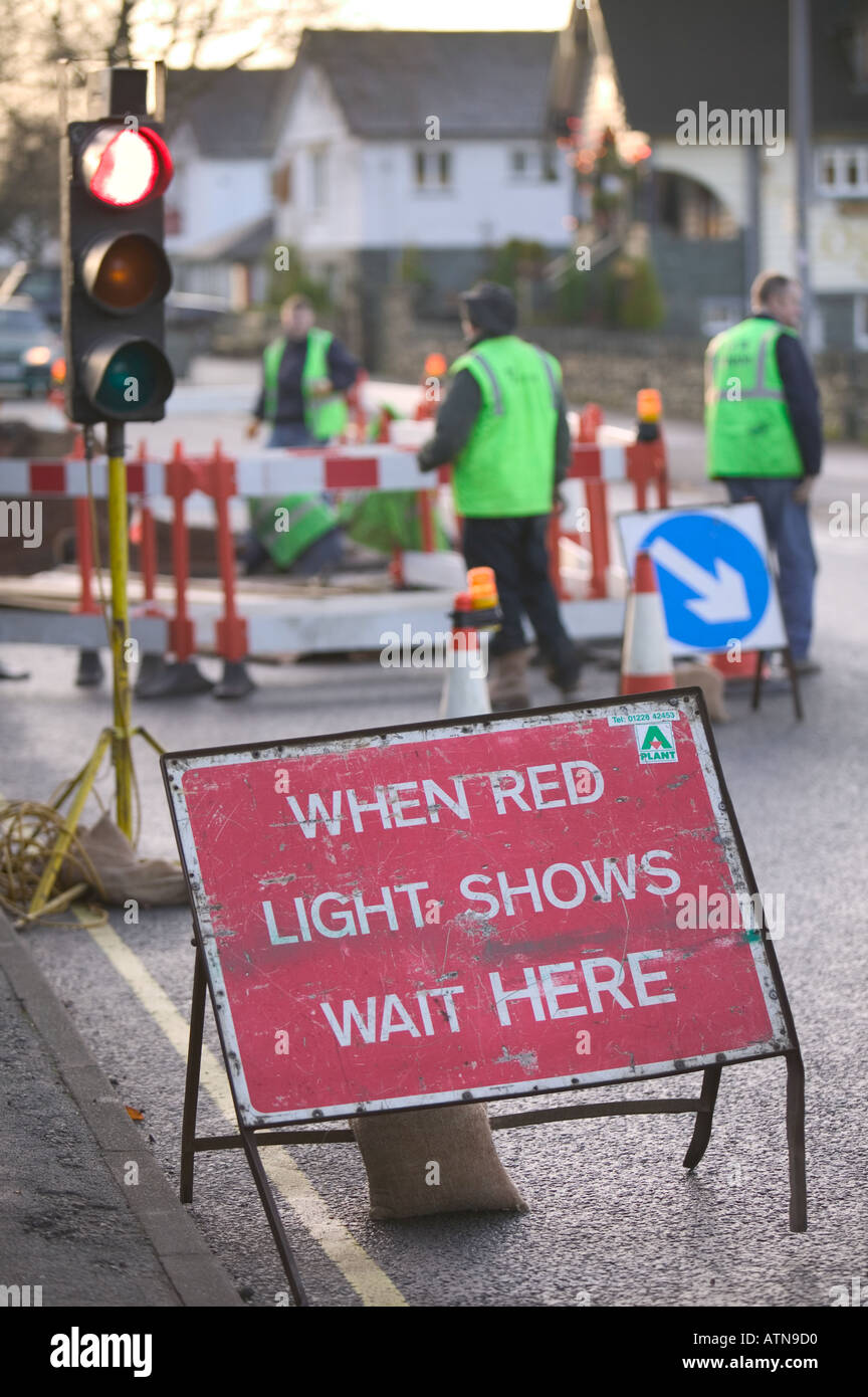 stop sign and traffic lights at roadworks Stock Photo - Alamy