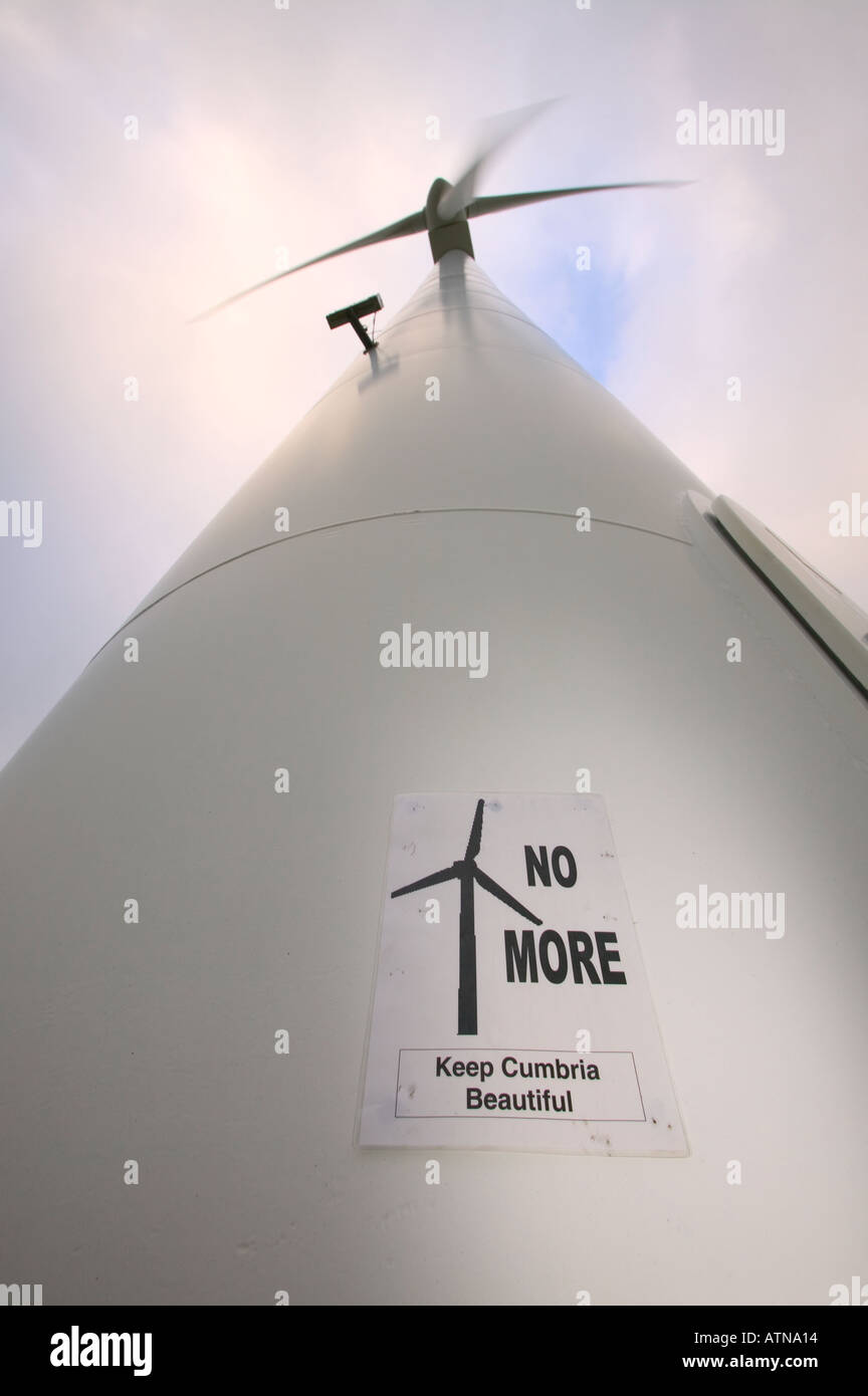 no more wind turbines protest sign on a wind turbine in Cumbria Stock ...