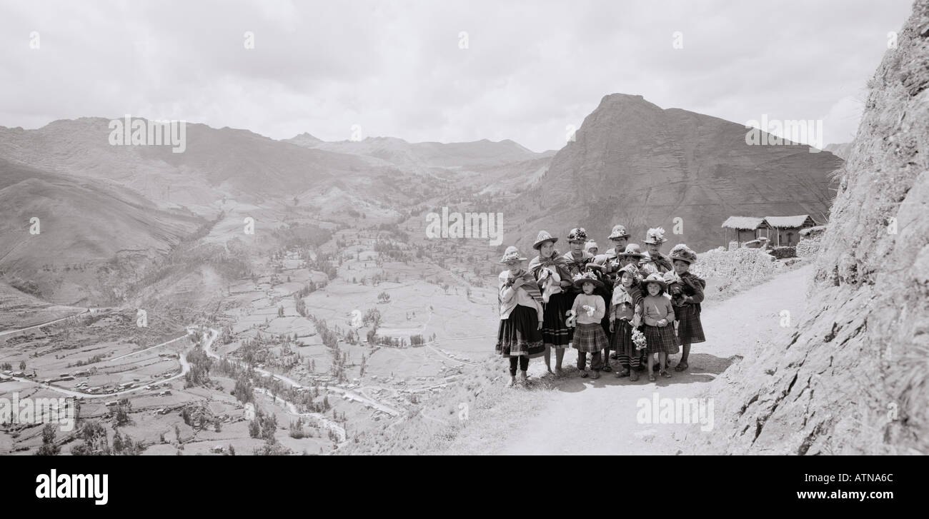 Panoramic view of native Indian Aymara Quechua people at the Urubamba ...