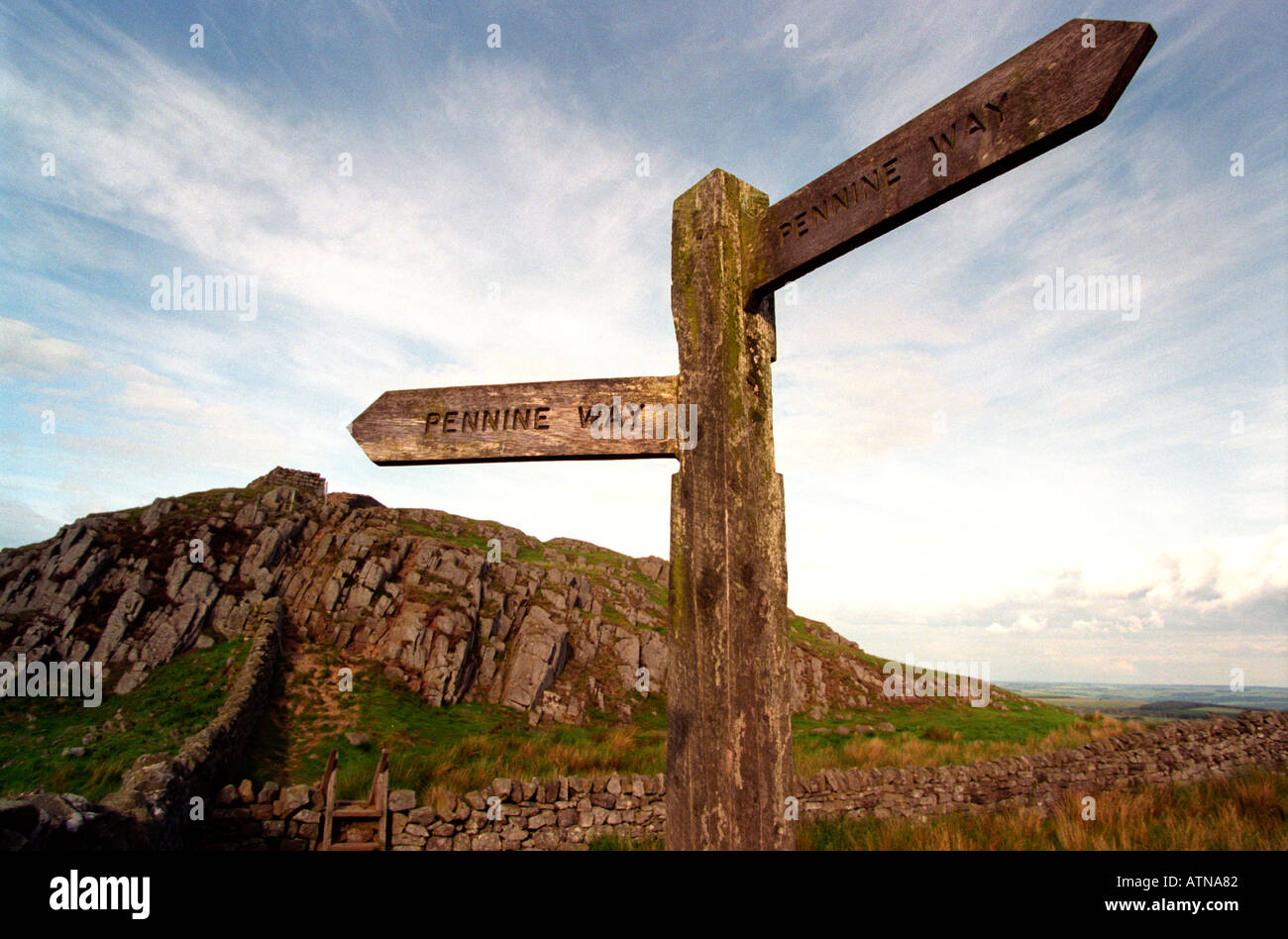 Pennine Way sign near Hadrians wall Northumberland England Stock Photo ...