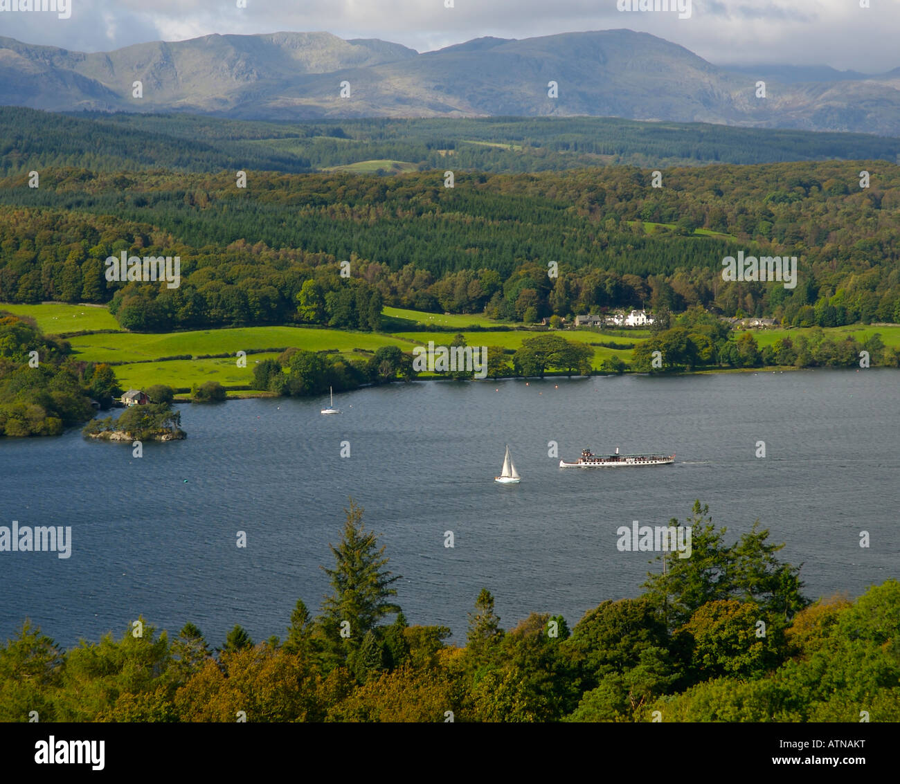 Yacht and passenger steamer on Lake Windermere, Lake District National ...