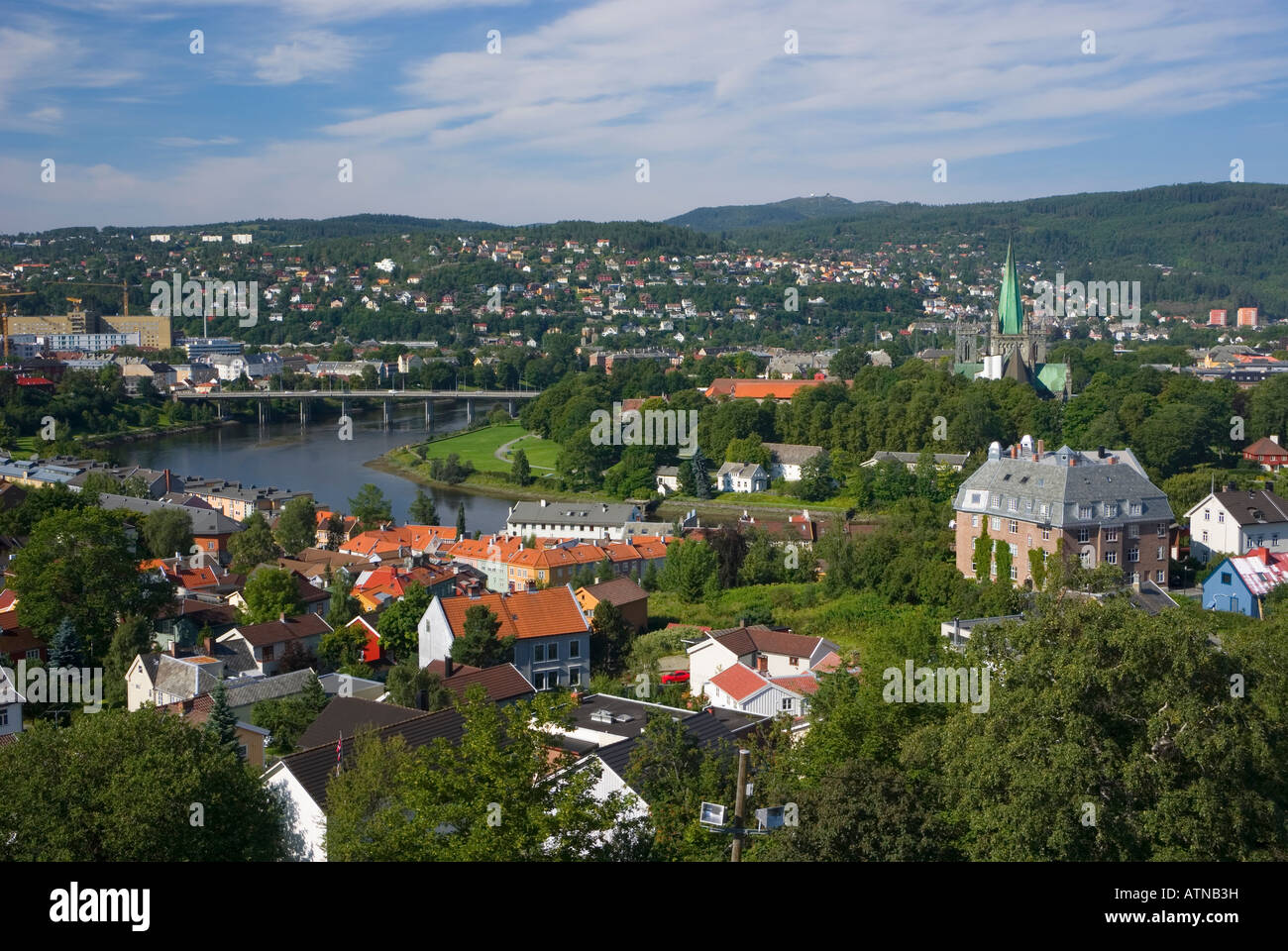 A view to Trondheim city center, Nidaros Cathedral, Nidelva river with ...