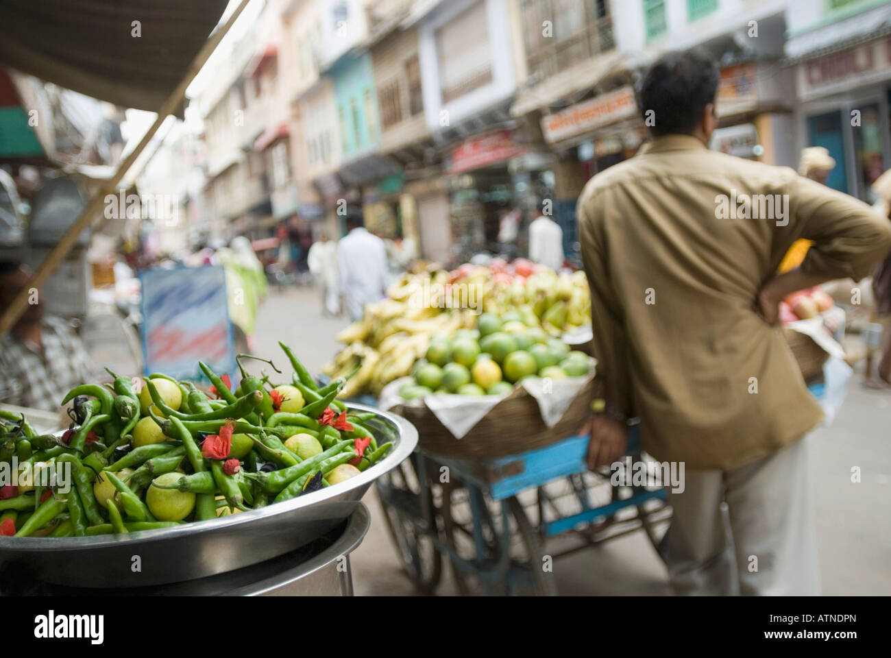 Rear view of a hawker standing near a cart in a street, Ajmer ...