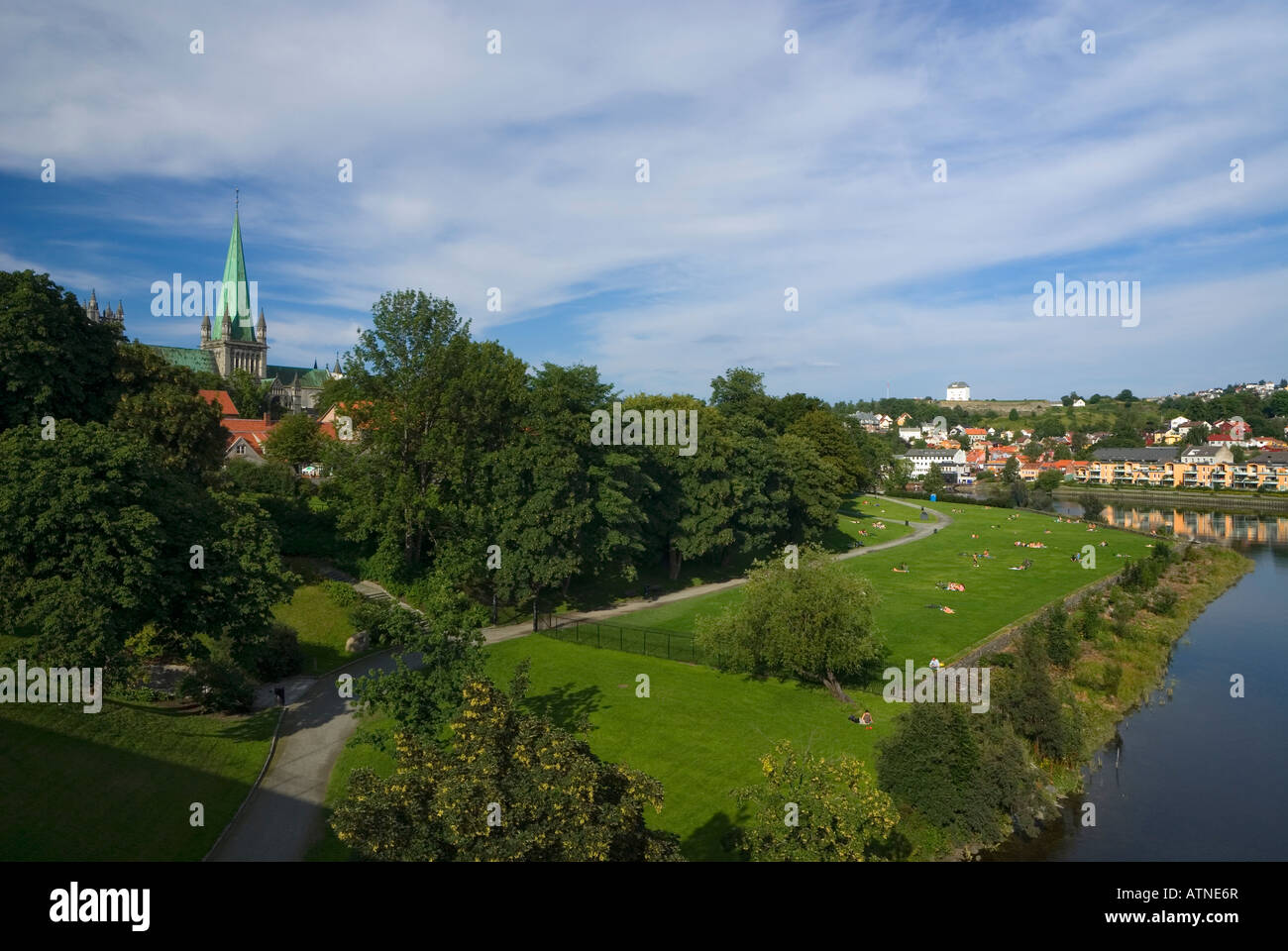 The northern bank of the Nidelven river in Trondheim with Nidaros ...