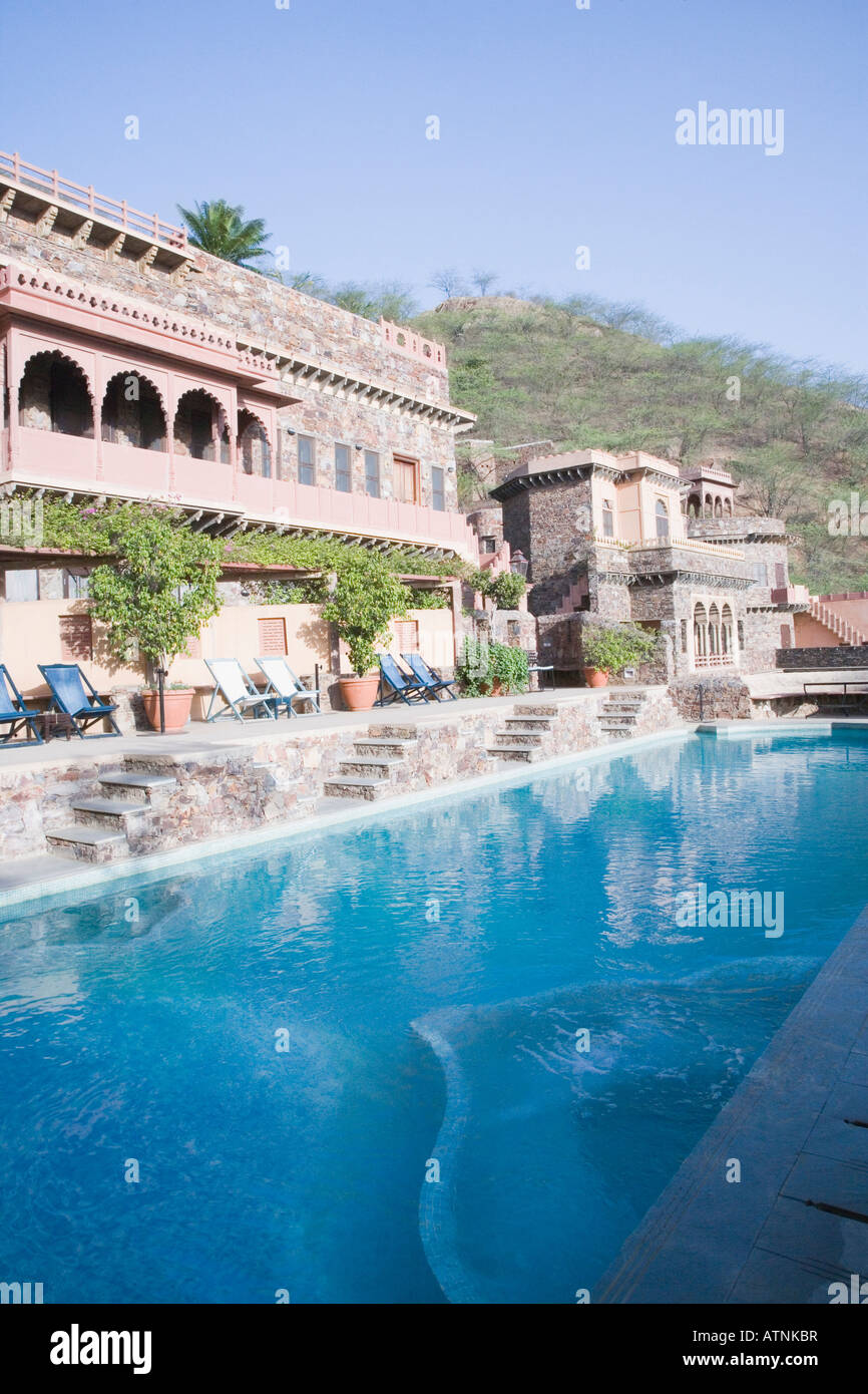 Pool in front of a fort, Neemrana Fort Palace, Neemrana, Alwar ...