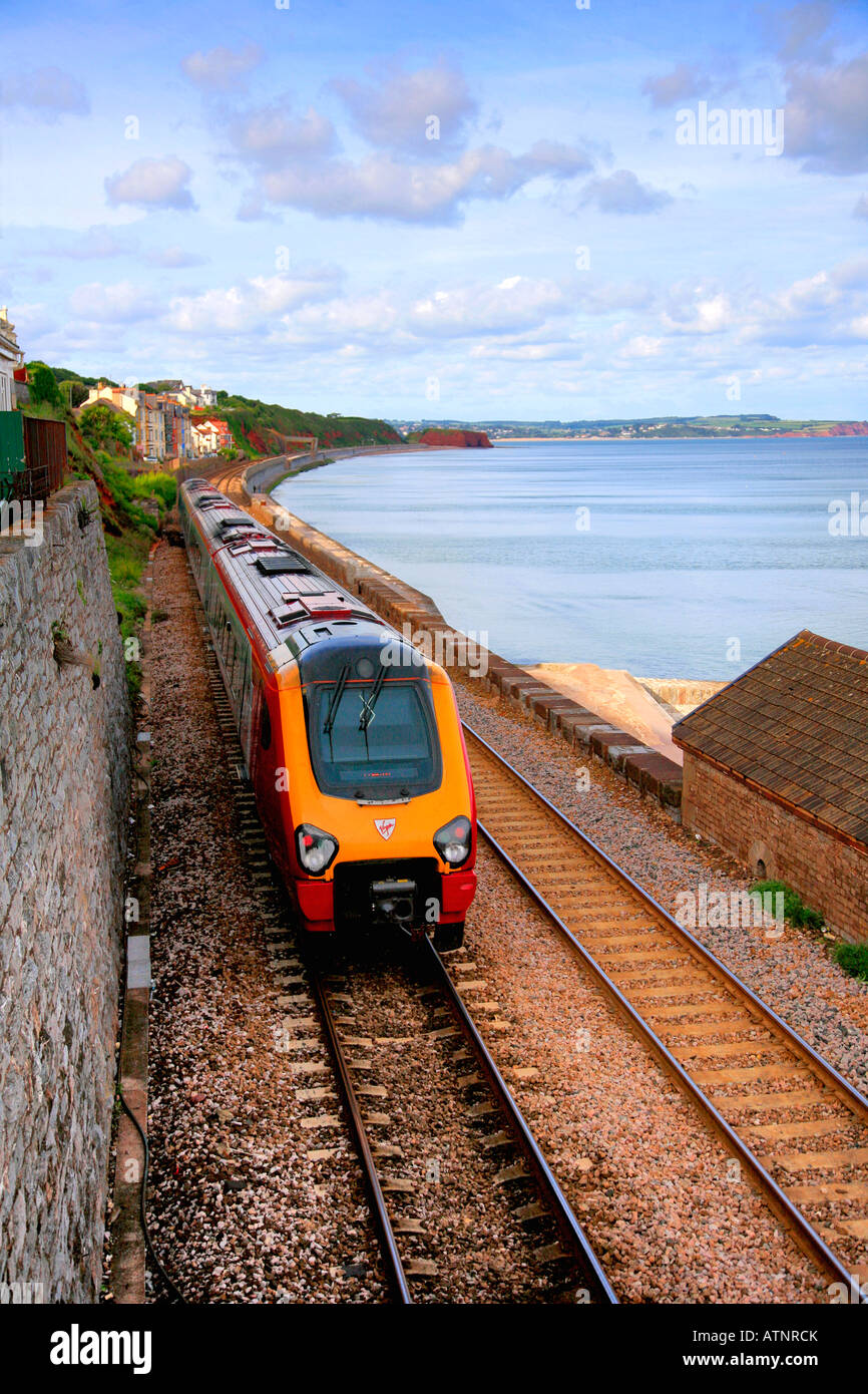 Virgin Voyager 221 class diesel train on its way from Dawlish station ...
