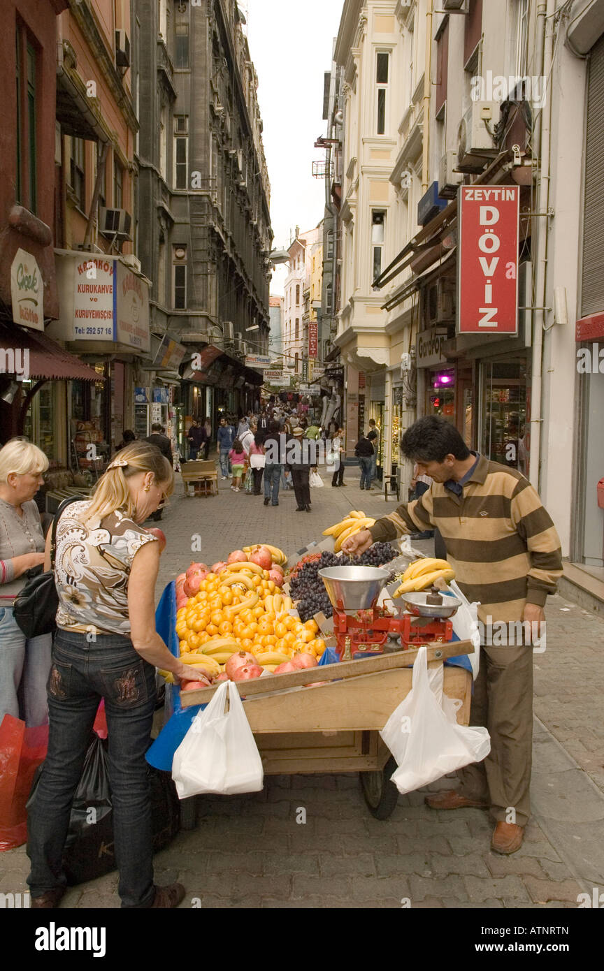 Fruit and vegetable stall on bustling city street, Istanbul, Turkey ...