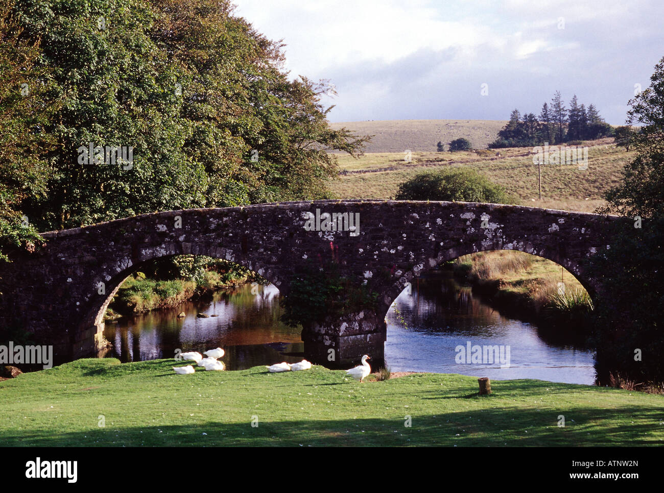 stone arch bridge over small stream dartmoor national park devon ...