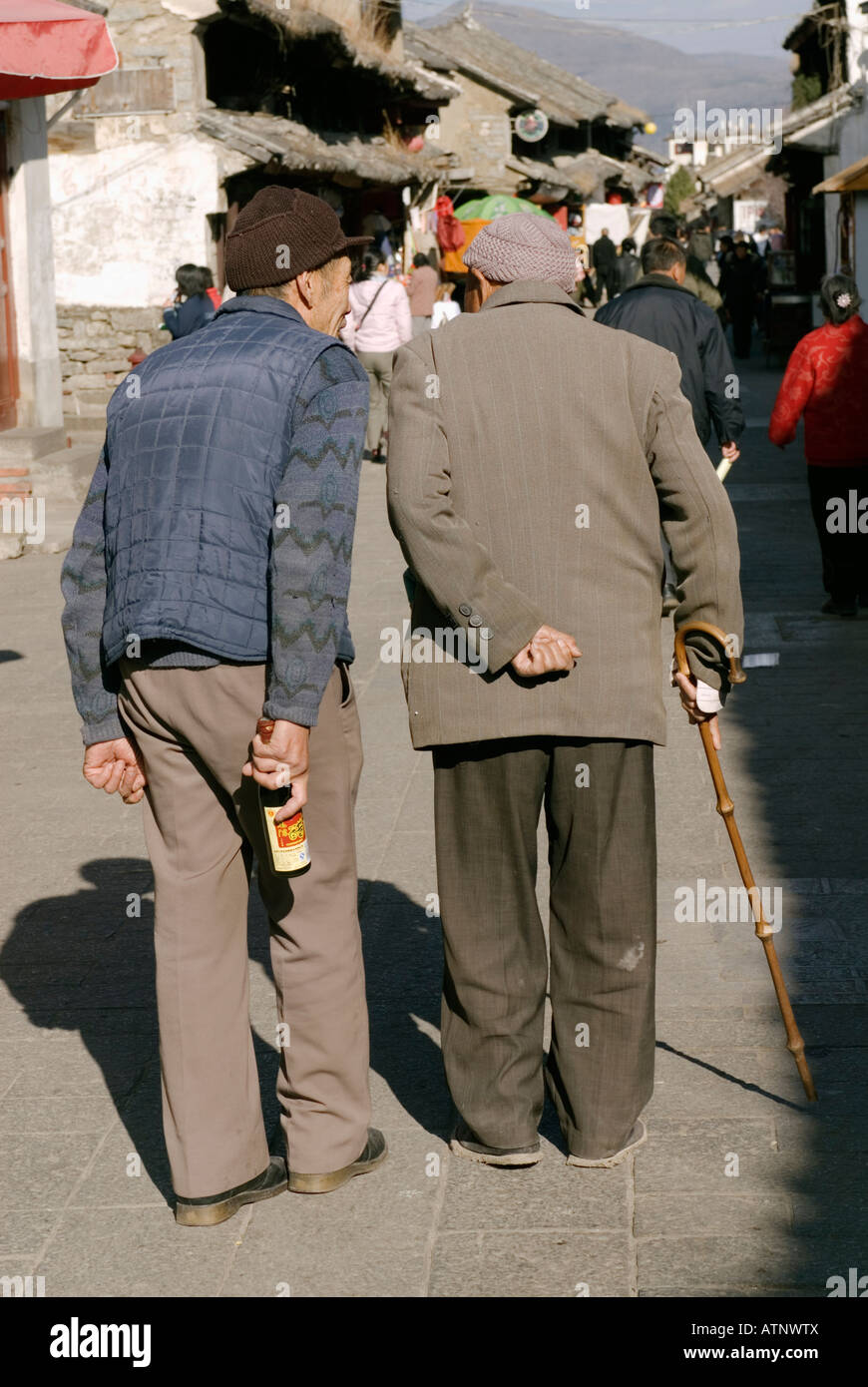 China, Chinese Old Men Walking On A Dali Ancient City Street, Yunnan ...