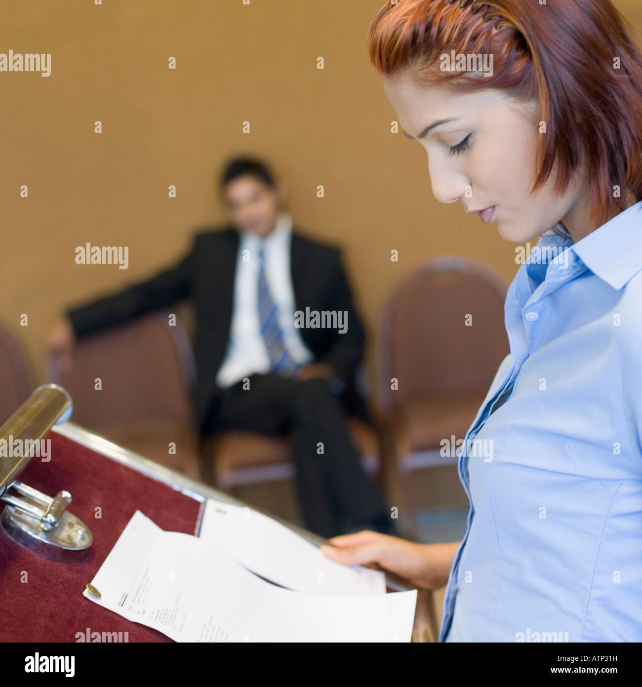 Side profile of a businesswoman giving a speech Stock Photo - Alamy