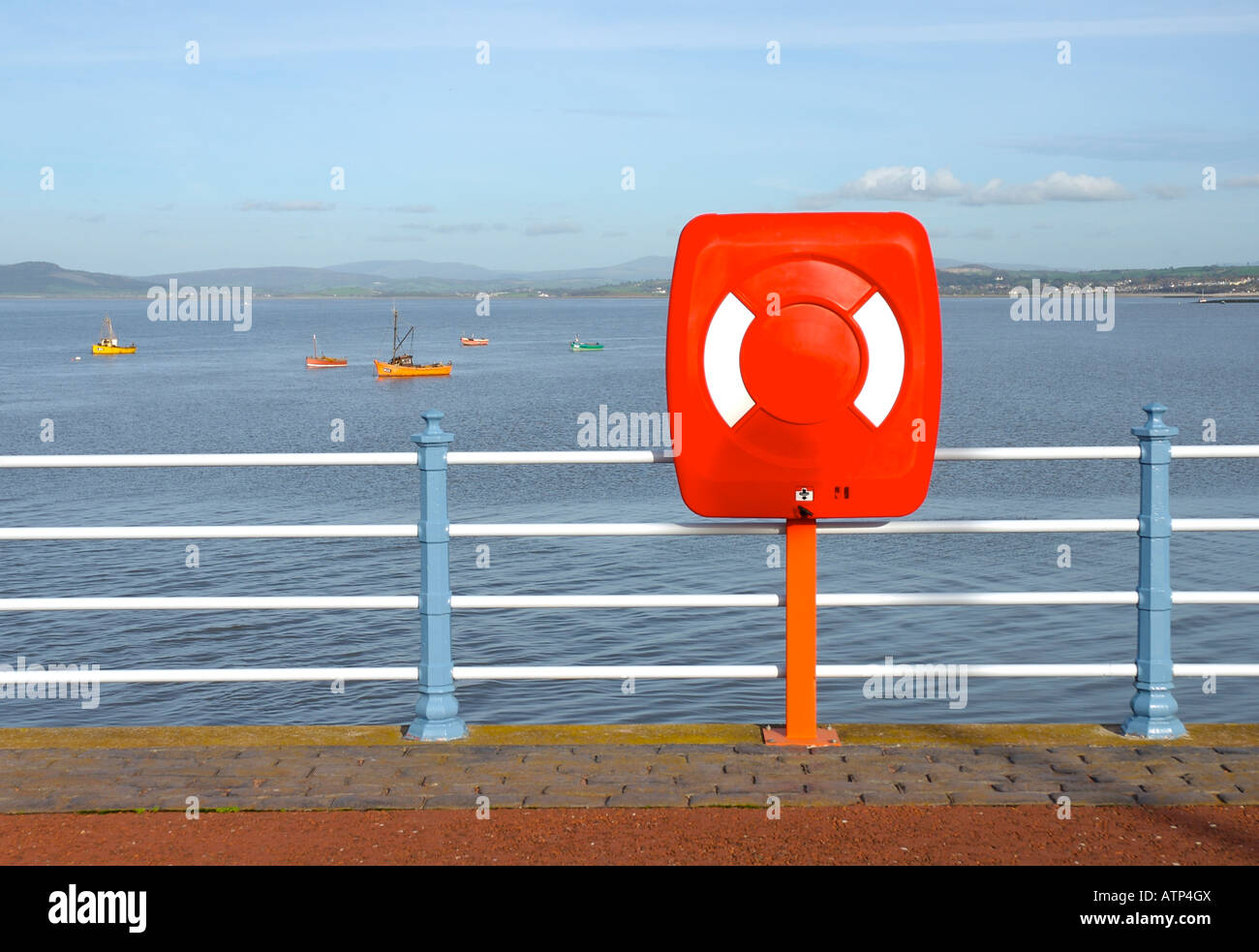Lifebelt and view of the bay from the Stone Pier, Morecambe, Lancashire ...