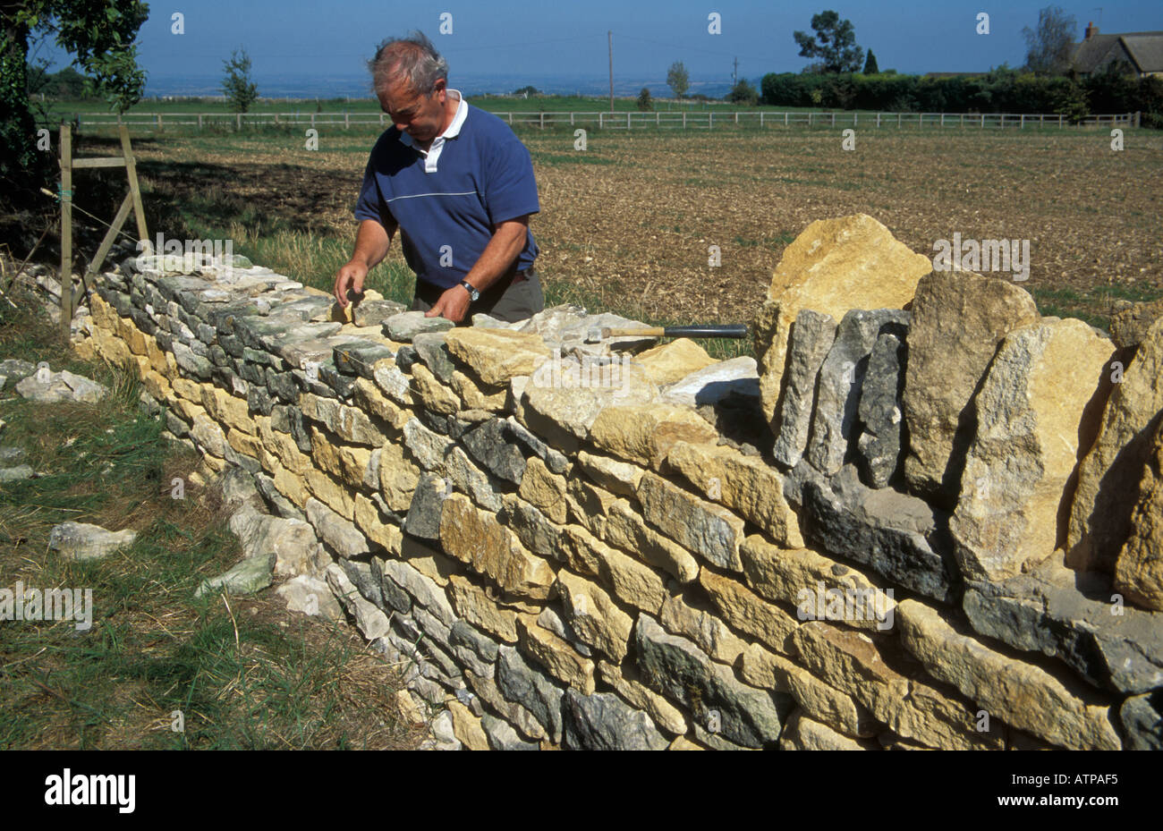 A traditional craftsman building a Dry-stone wall in the Cotswolds from ...