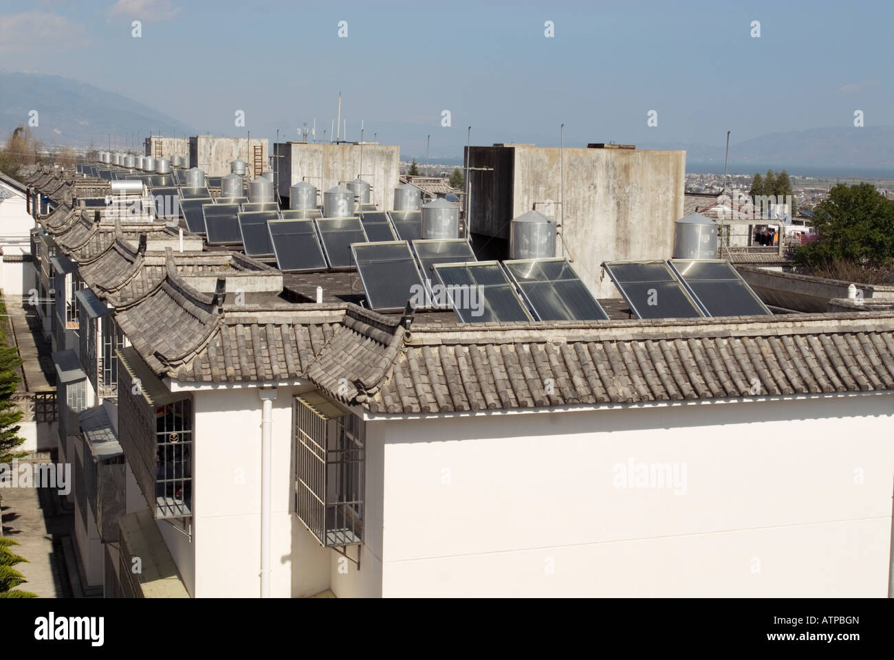 China, Apartment Buildings With Solar Heating Panels On Roof, Dali New ...