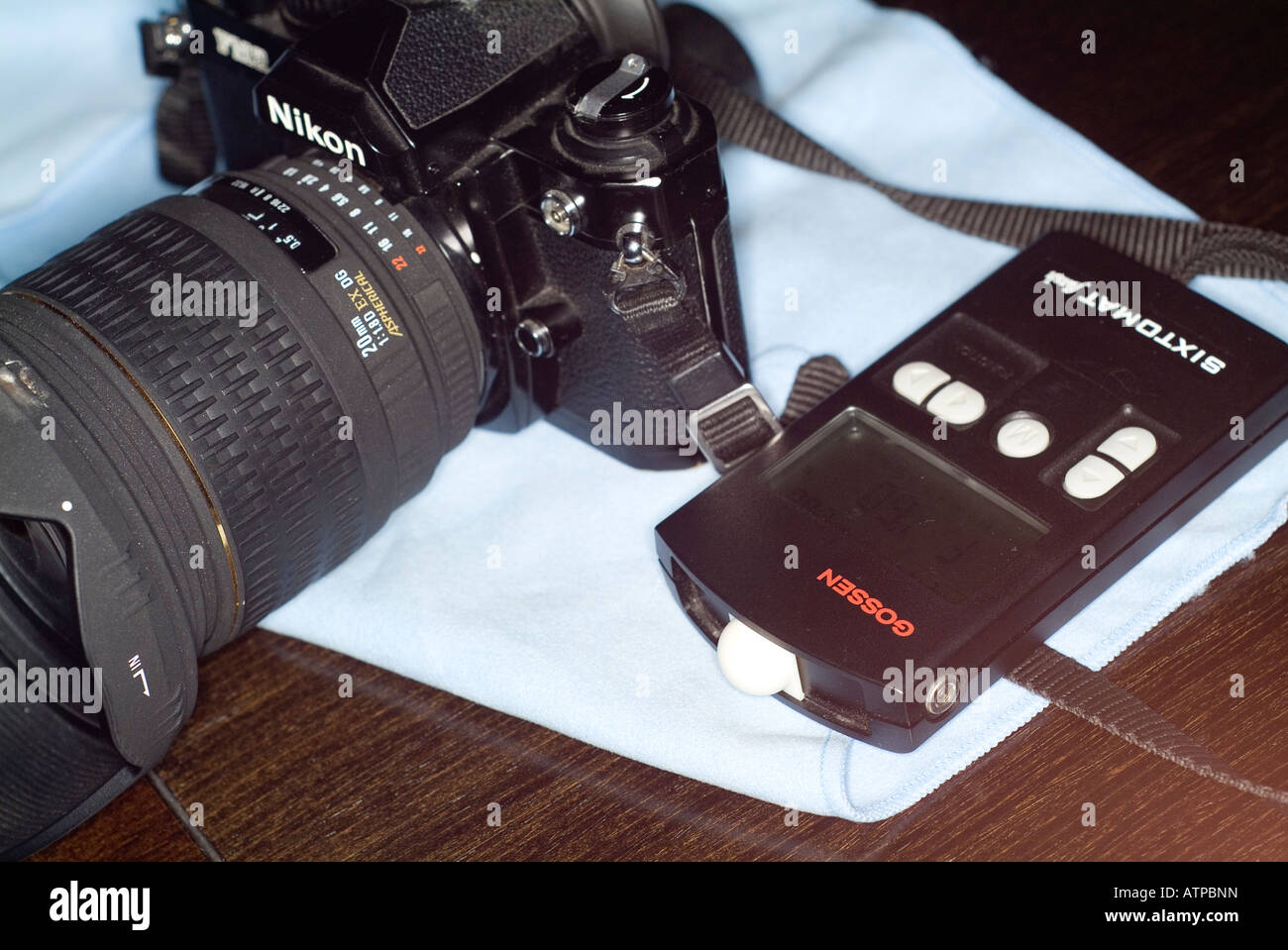 mechanical photo camera and flash meter Stock Photo - Alamy