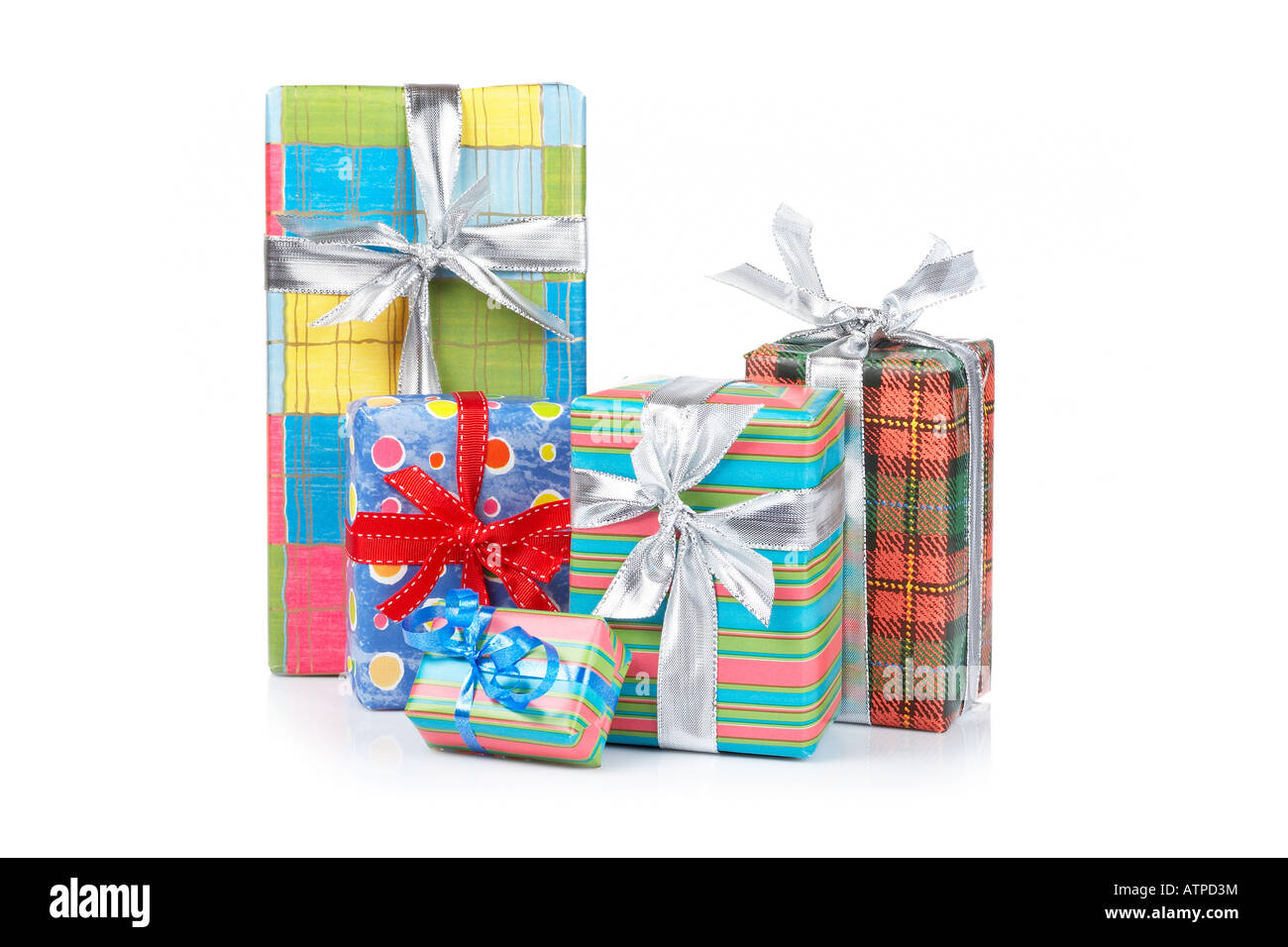 Assortment of gift boxes reflected on white background Stock Photo - Alamy