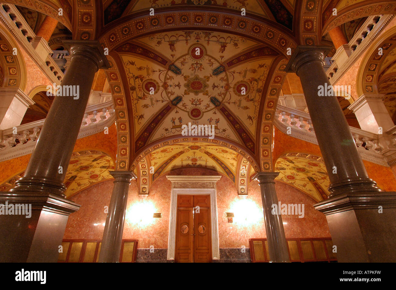 The decorated foyer of The Hungarian State Opera House built in neo ...