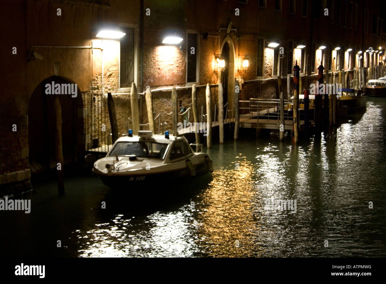 Police launches night moorings and Canal VReflections (01), Venice ...