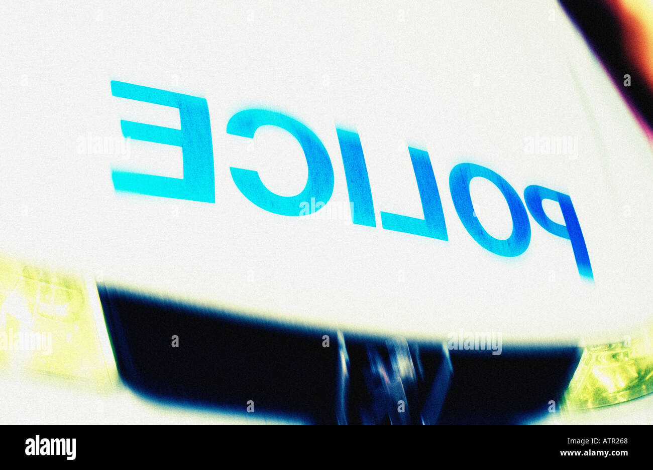 Front of police car with reversed lettering and headlights Stock Photo ...