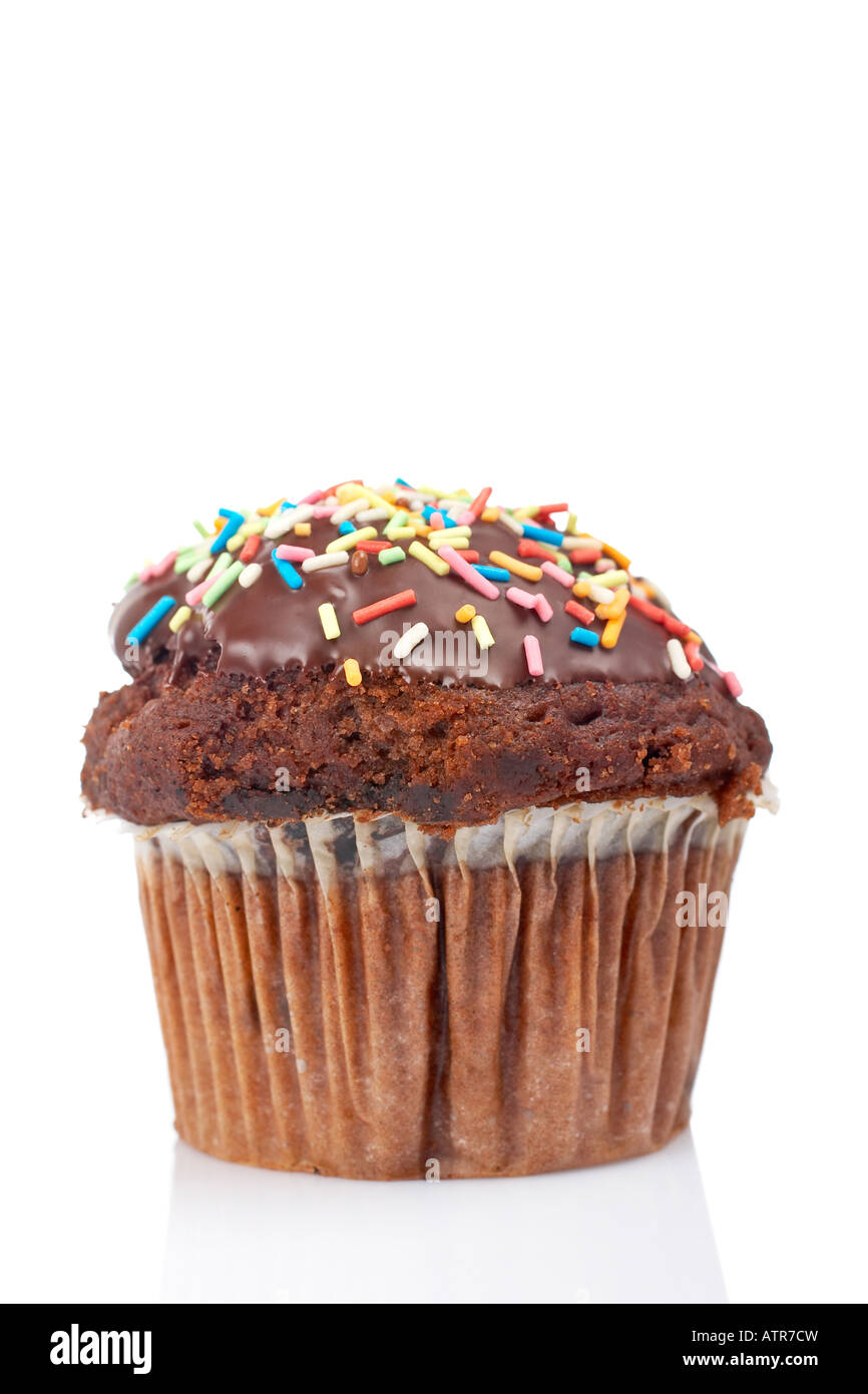 A tasty muffin with chocolate isolated on white background Shallow DOF ...