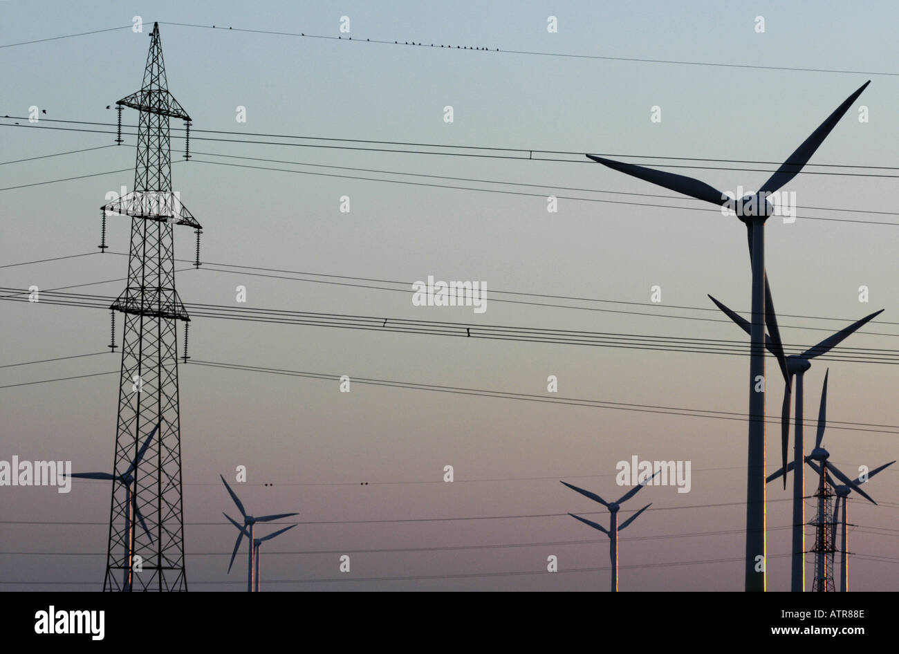 wind energy plant near Parndorf, wind turbine, high tension cables ...