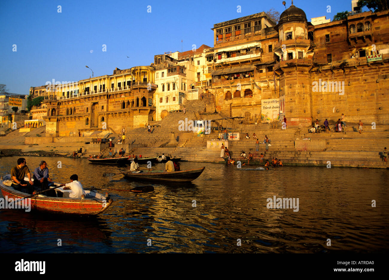 Uttar Pradesh India Varanasi life by the ghats alongside the sacred ...
