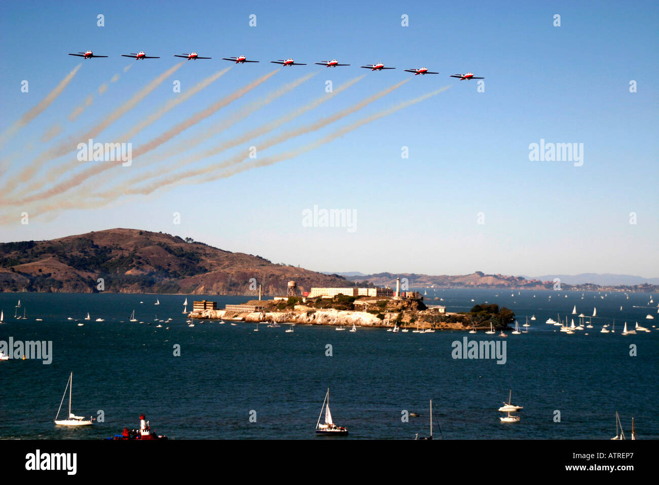 Canadian Snowbirds fly over Alcatraz of San Francisco, California ...