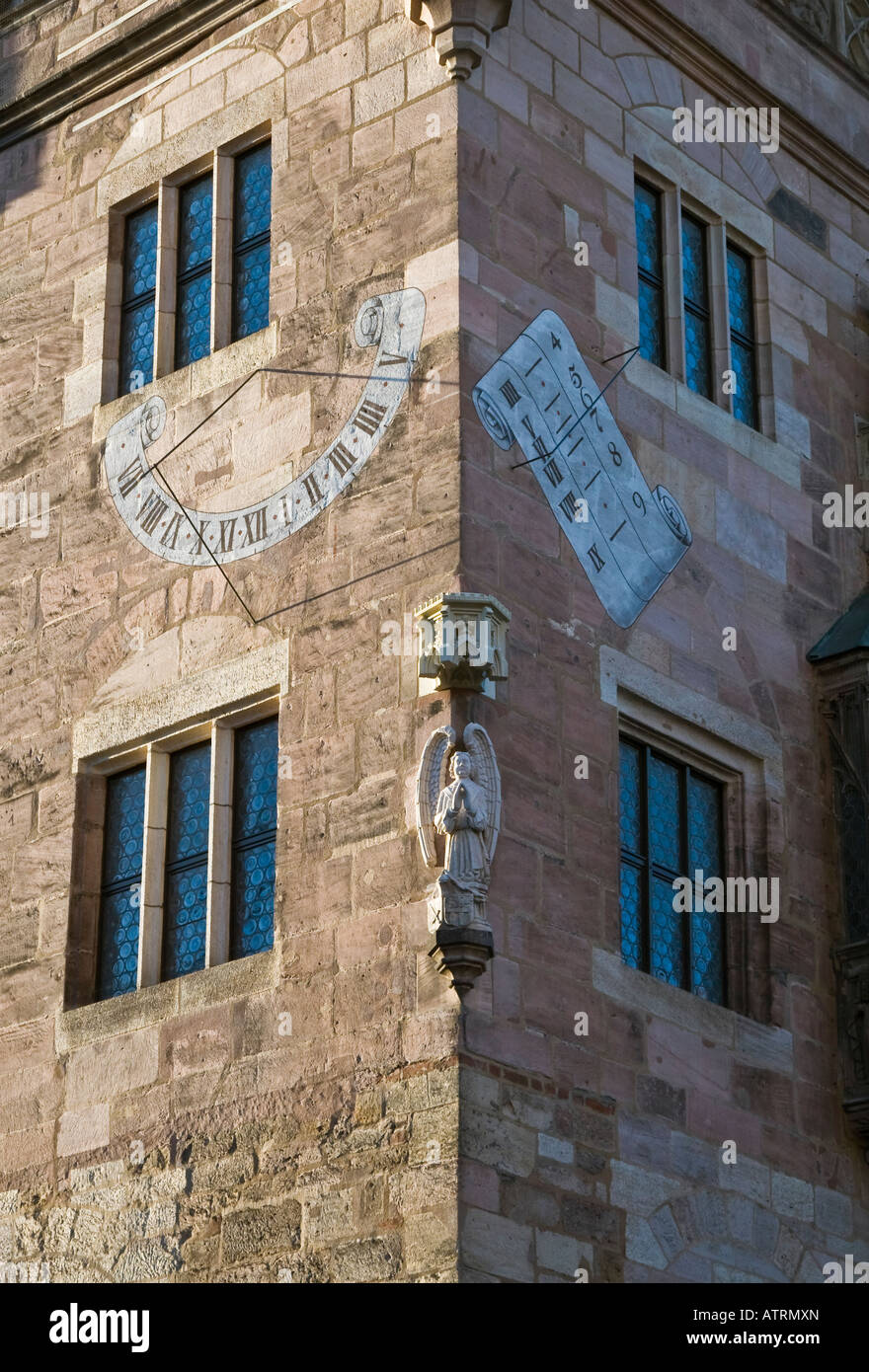 Building detail with daily and monthly sundials Nuernberg Germany Stock ...