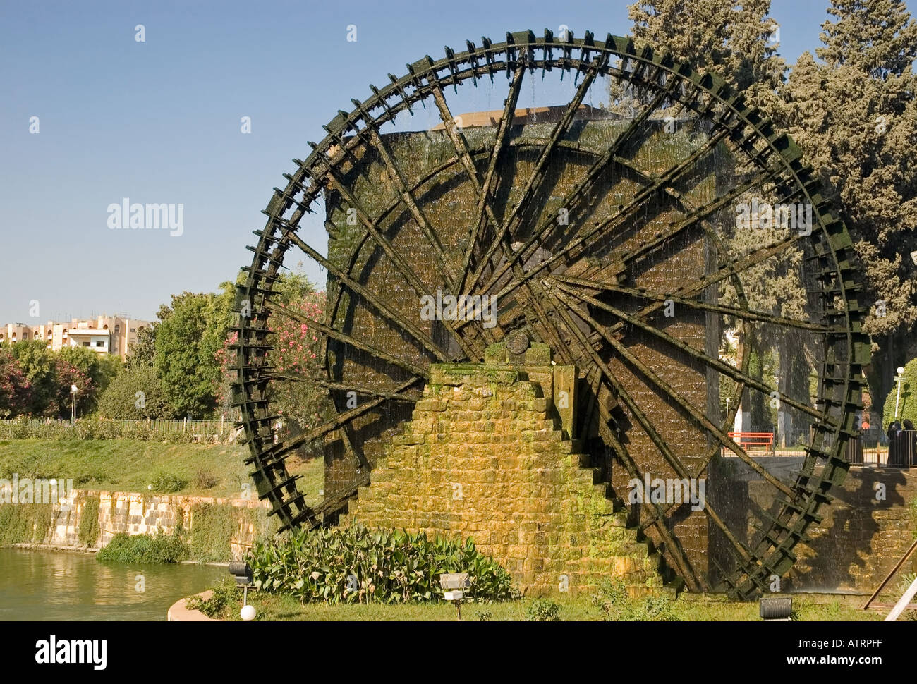 Giant wooden water wheel, Noria, on the Orontes River, Hama, Syria ...