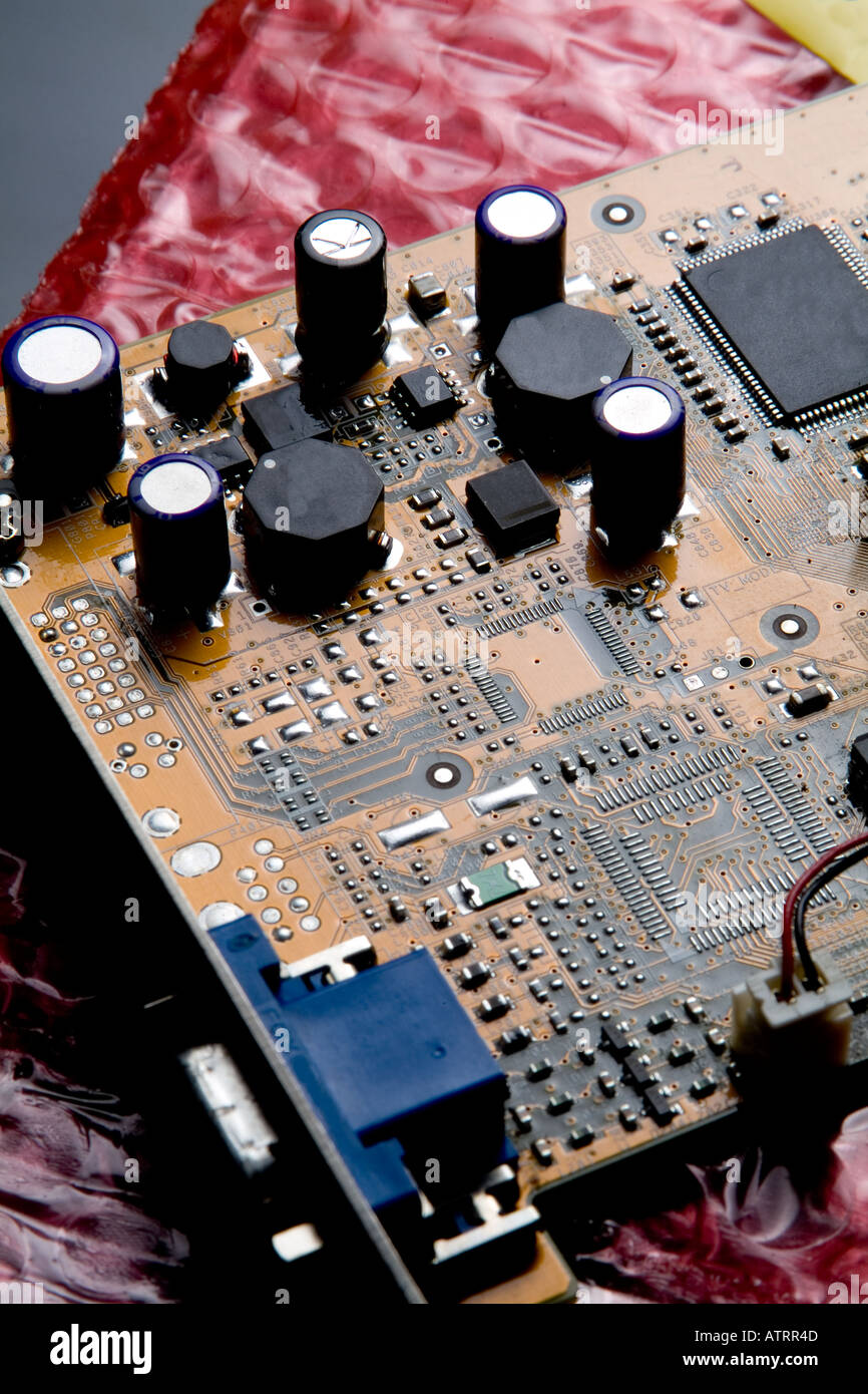 Computer peripheral circuit board card on plastic bubble wrap Stock ...