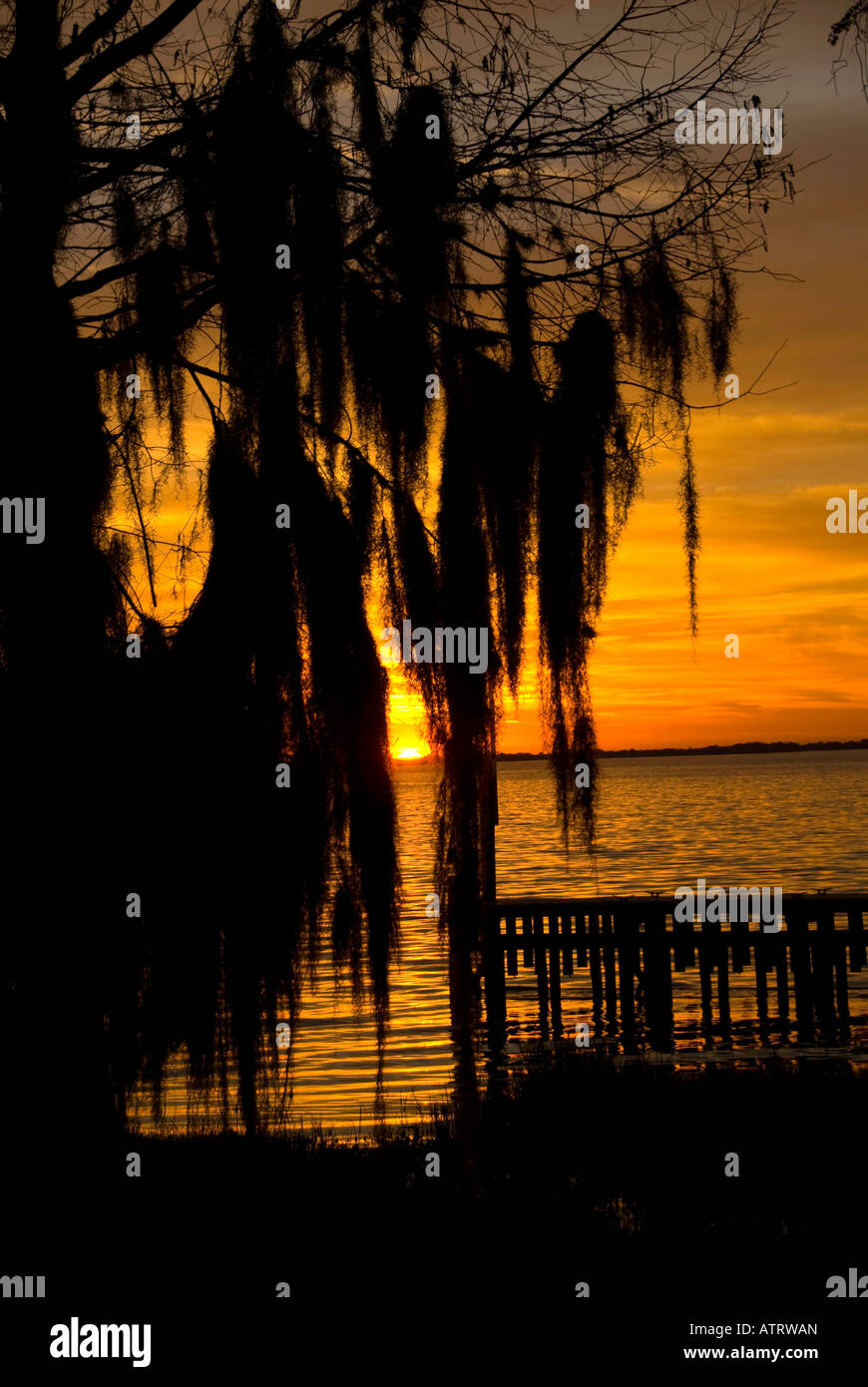 Central Florida sunset over lake and canoe rack Stock Photo - Alamy