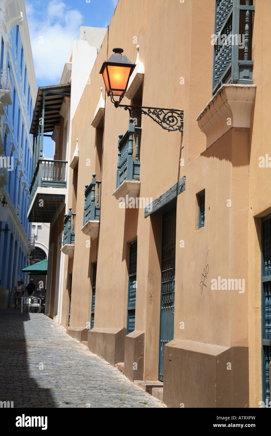 Cobblestone lane Colorful colonial architecture Old San Juan Puerto ...