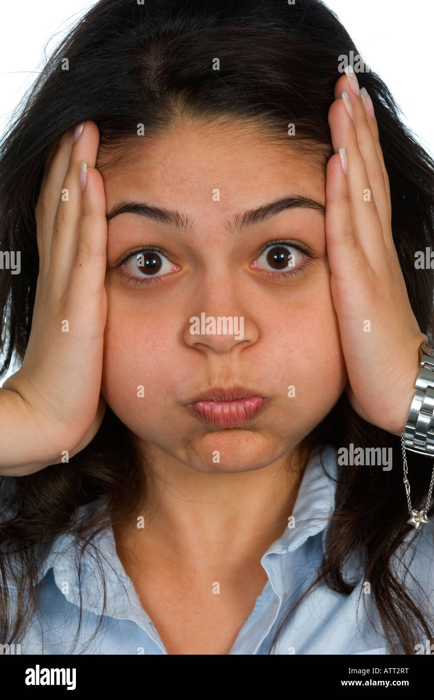 young woman frustration hands on head Stock Photo - Alamy