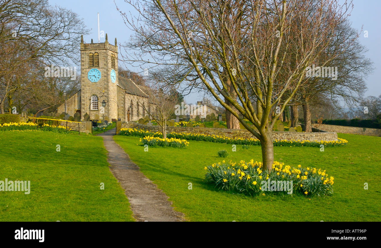 St Peter's church, Addingham, in springtime, West Yorkshire UK Stock ...