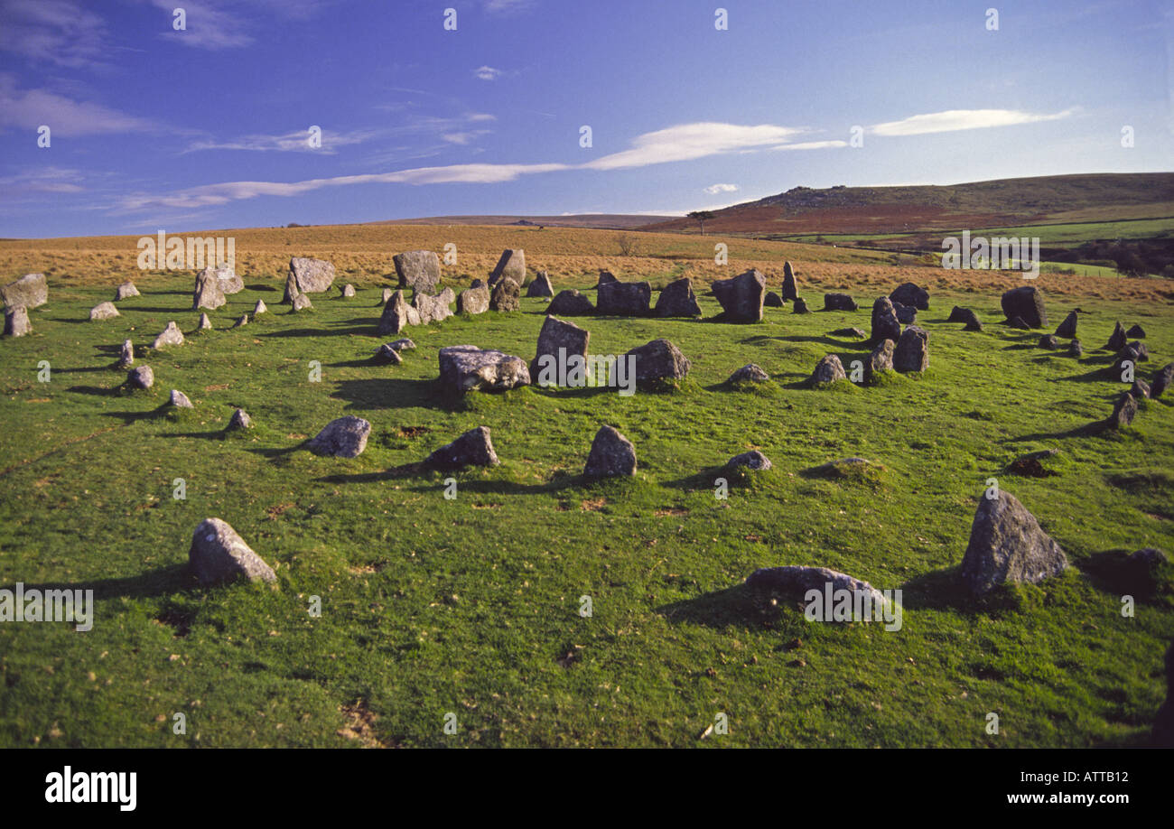 View of a megalithic stone circle in the Dartmoor National Park, Devon ...