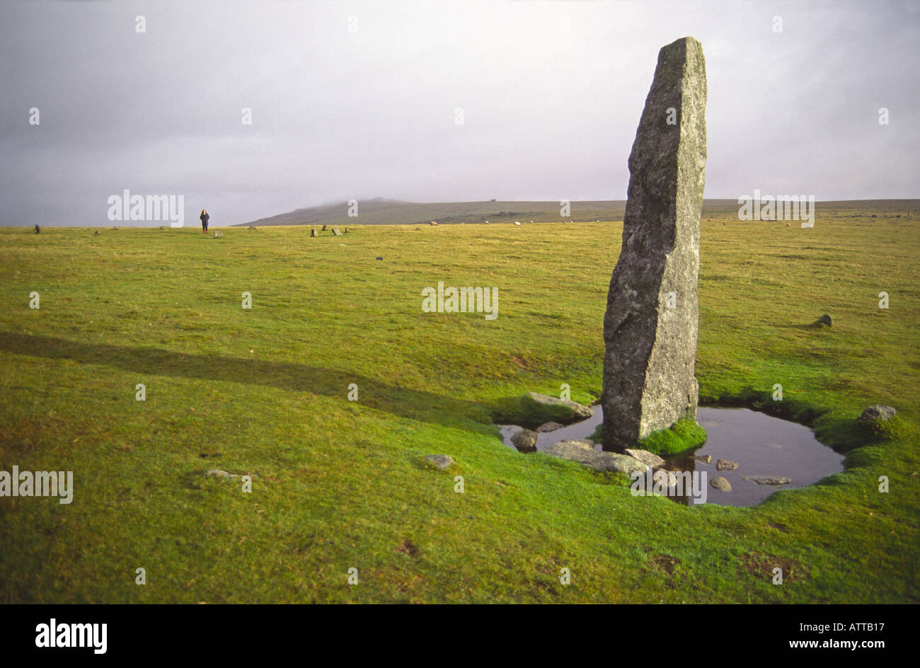 A megalithic Standing Stone at Merrivale, Dartmoor National Park, Devon ...