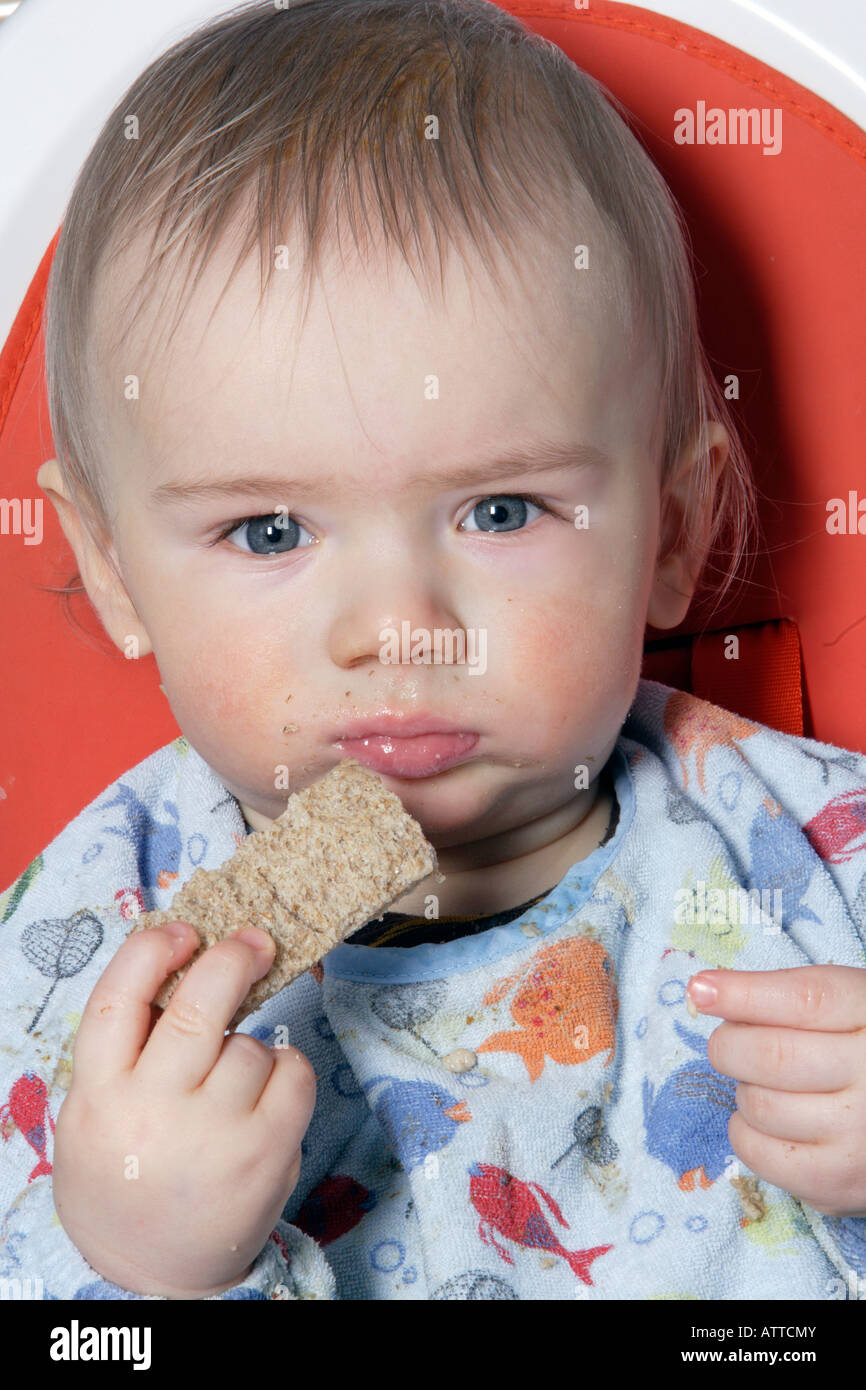 Baby eating wholemeal toast Stock Photo - Alamy