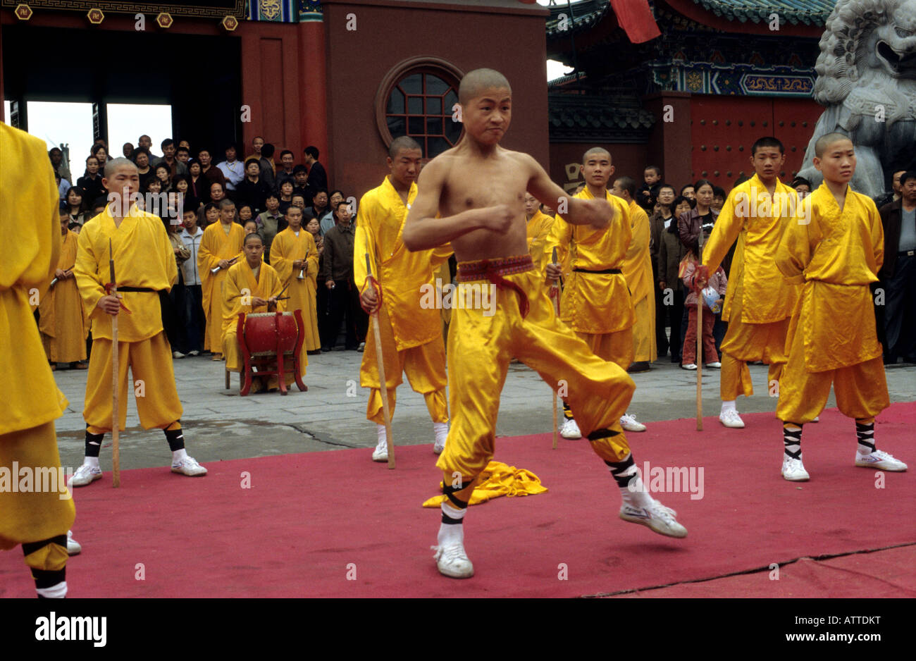 The Shaolin temple monks during performance in Henan China Stock Photo ...