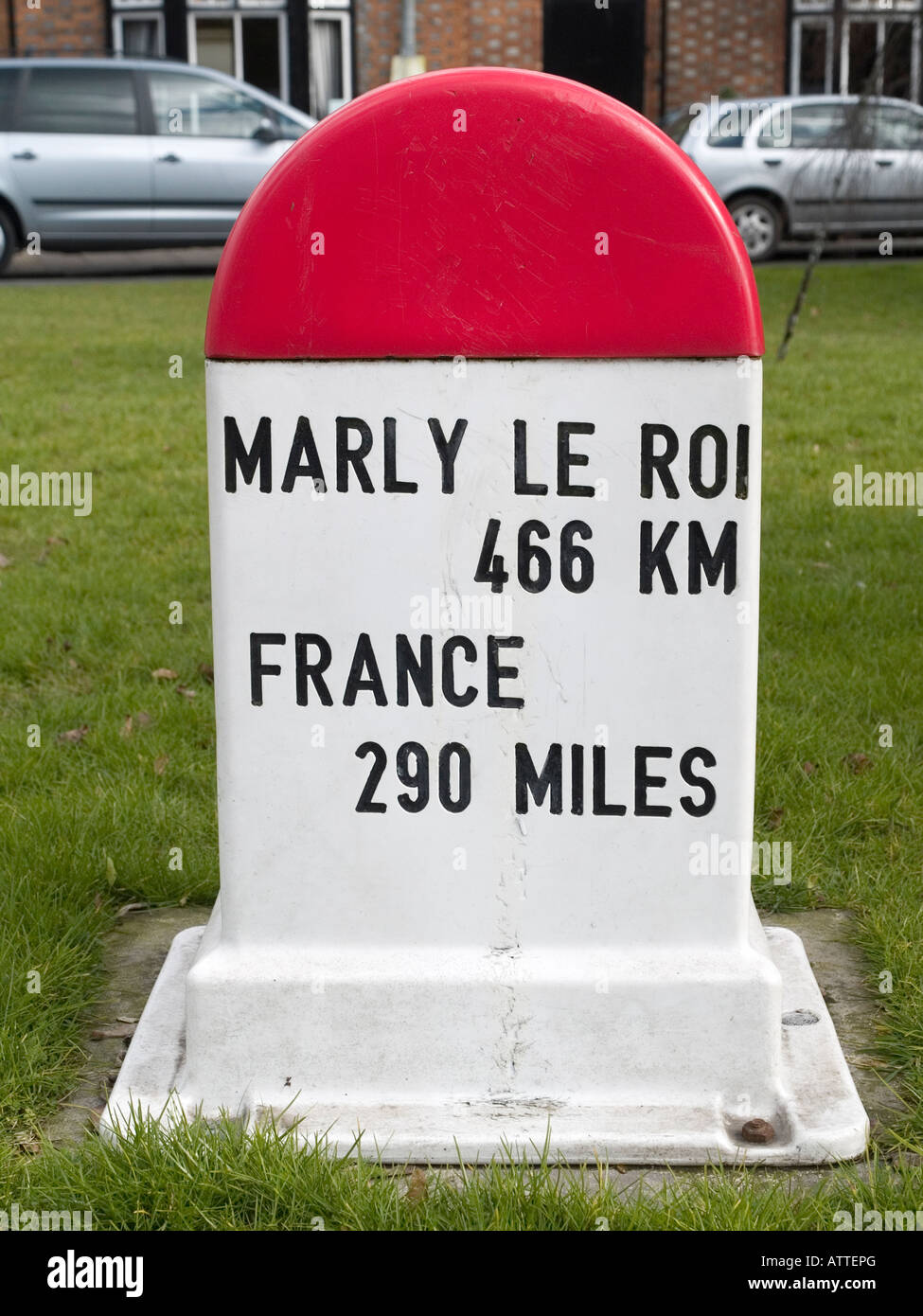 A french style road distance post in Marlow UK showing the distance to ...