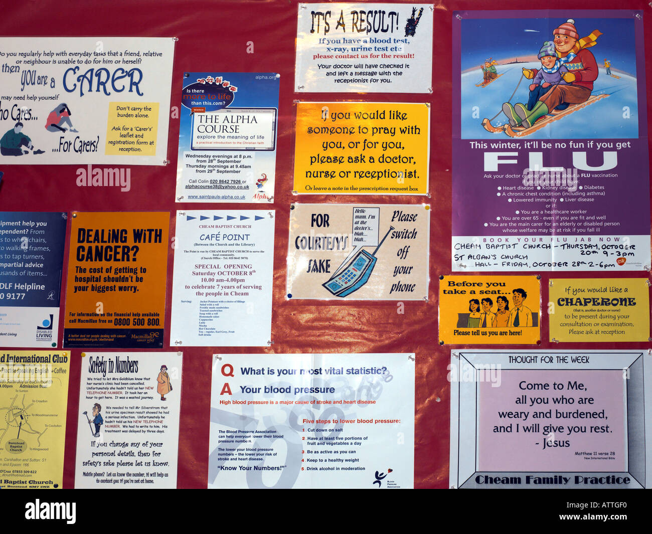 Notice Board in Doctors Surgery Waiting Room in Cheam Surrey England ...