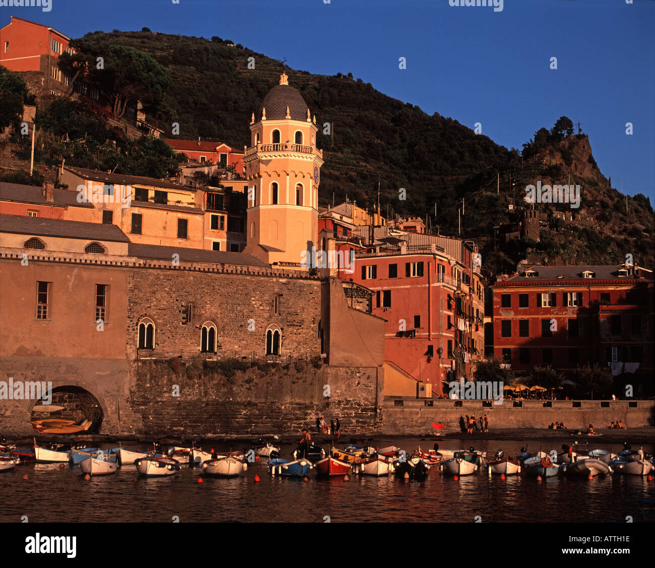 Vernazza harbour at sunset in the Cinque Terre Stock Photo - Alamy