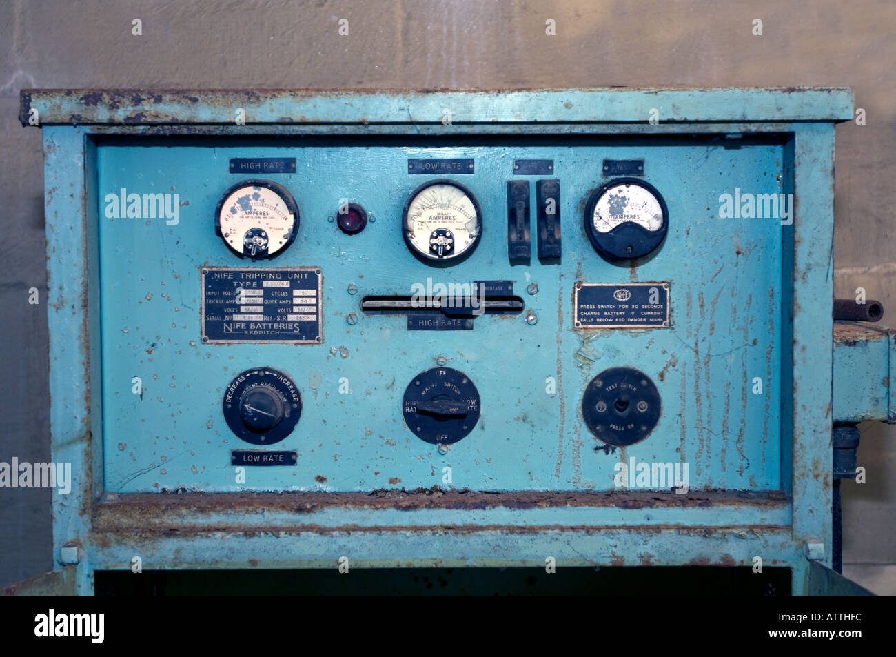 Vintage measuring machinery with gauges in an Old abandoned cement ...
