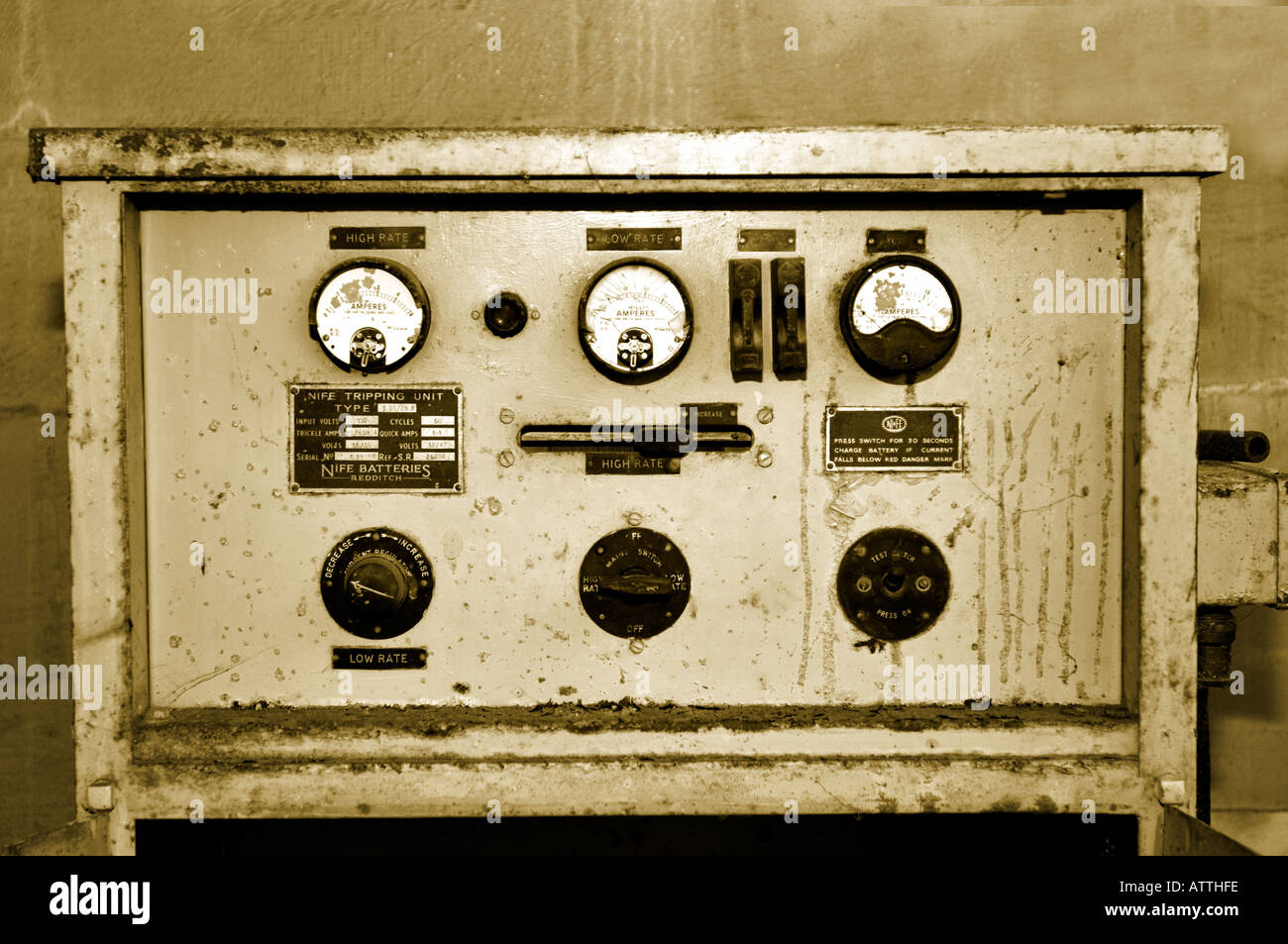 Vintage measuring machinery with gauges in an Old abandoned cement ...
